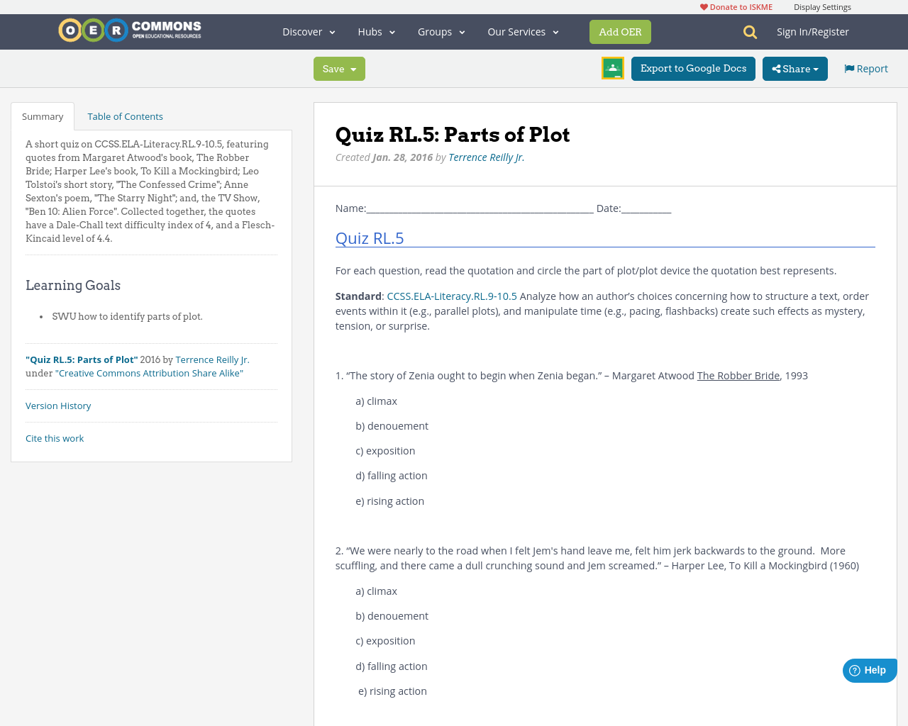 Quiz RL.5: Parts of Plot | OER Commons