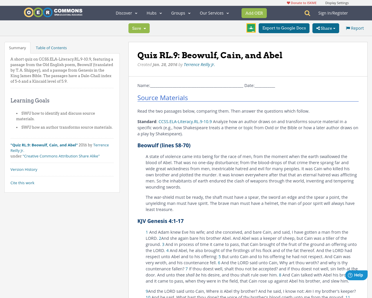 Quiz RL.9: Beowulf, Cain, and Abel | OER Commons