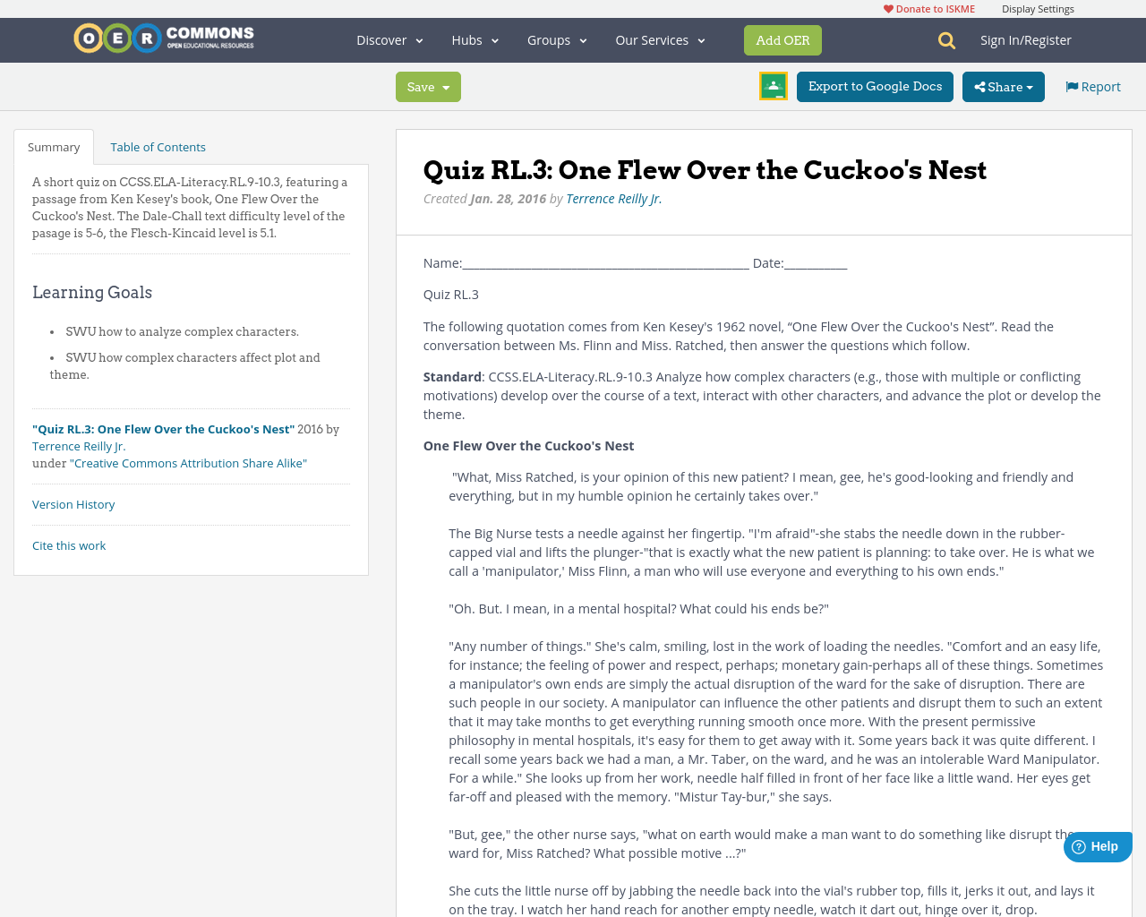 Quiz RL.3: One Flew Over the Cuckoo's Nest | OER Commons