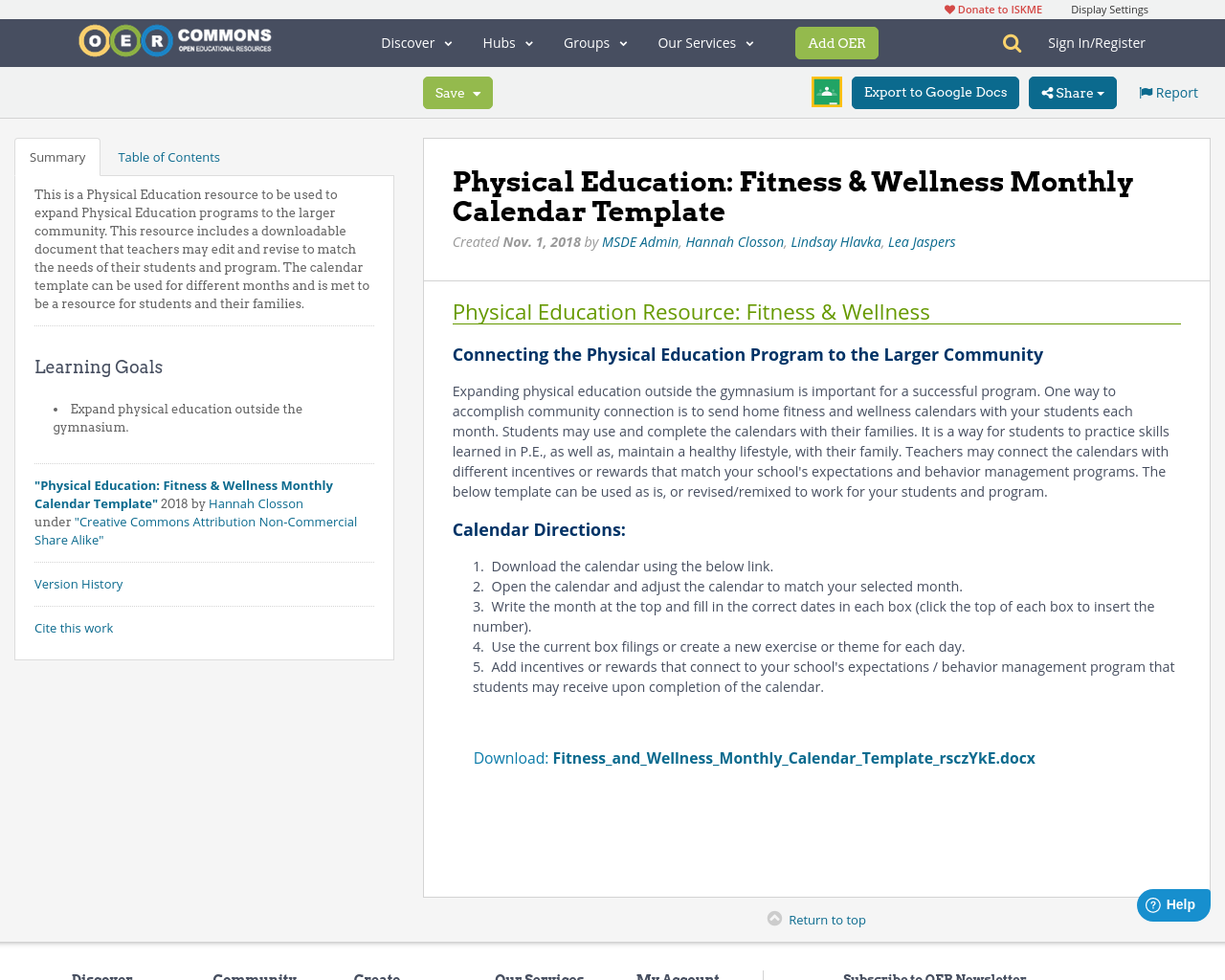 Physical Education: Fitness & Wellness Monthly Calendar Template | OER ...