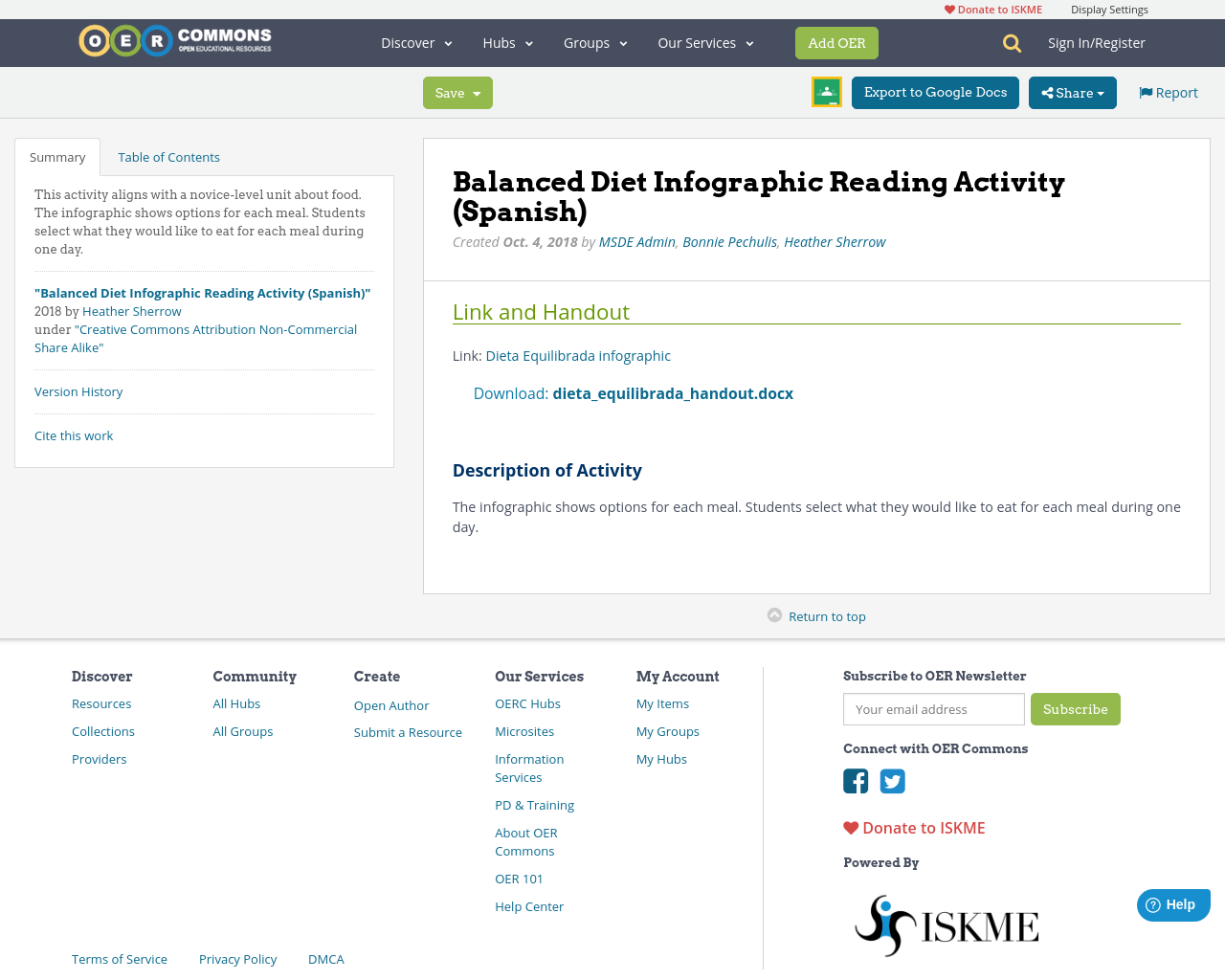 Balanced Diet Infographic Reading Activity (Spanish) | OER Commons
