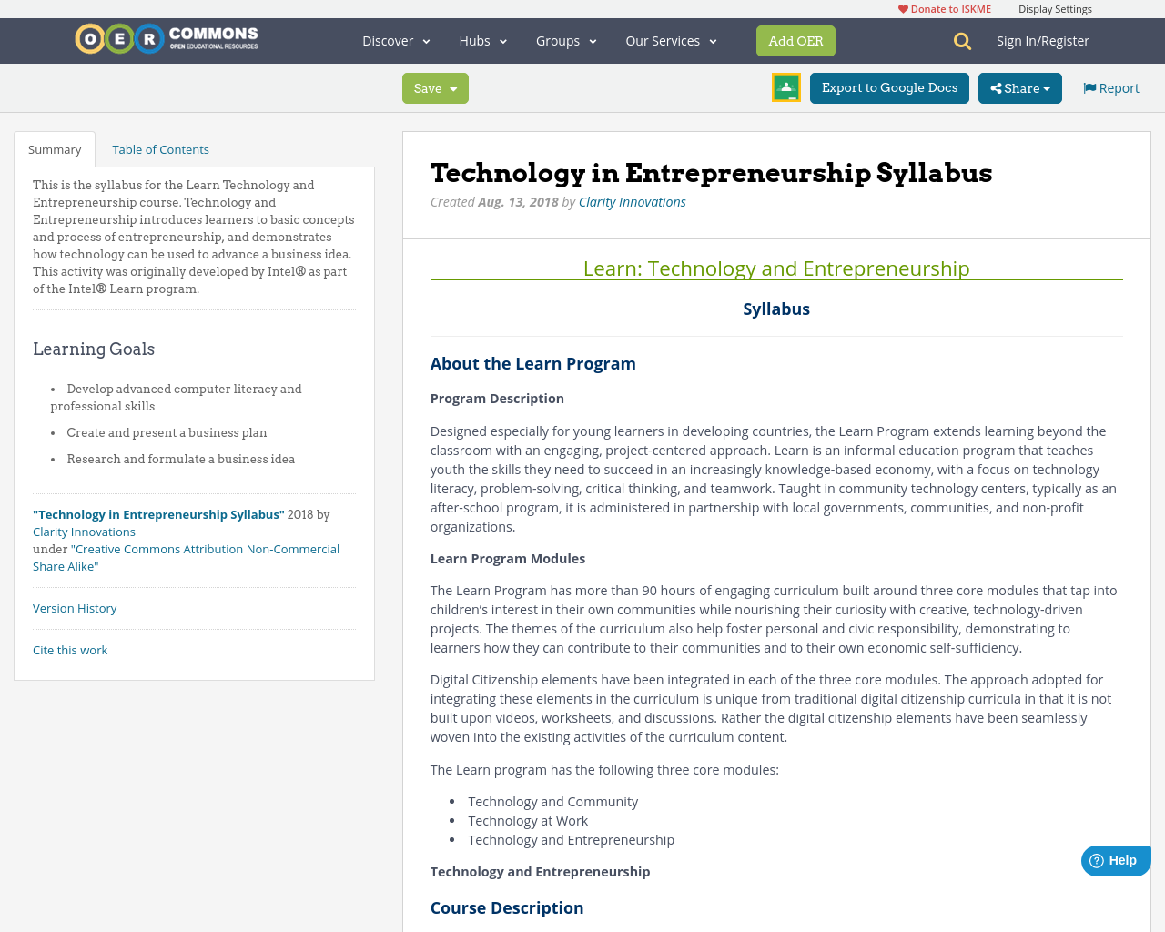 Technology in Entrepreneurship Syllabus | OER Commons