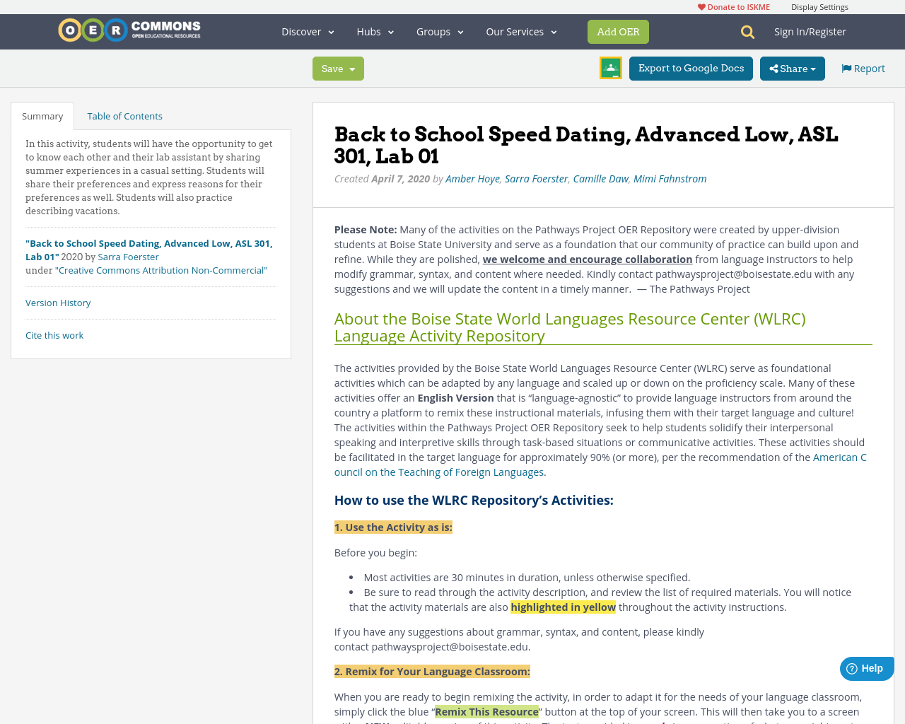 Back to School Speed Dating, Advanced Low, ASL 301, Lab 01 | OER Commons