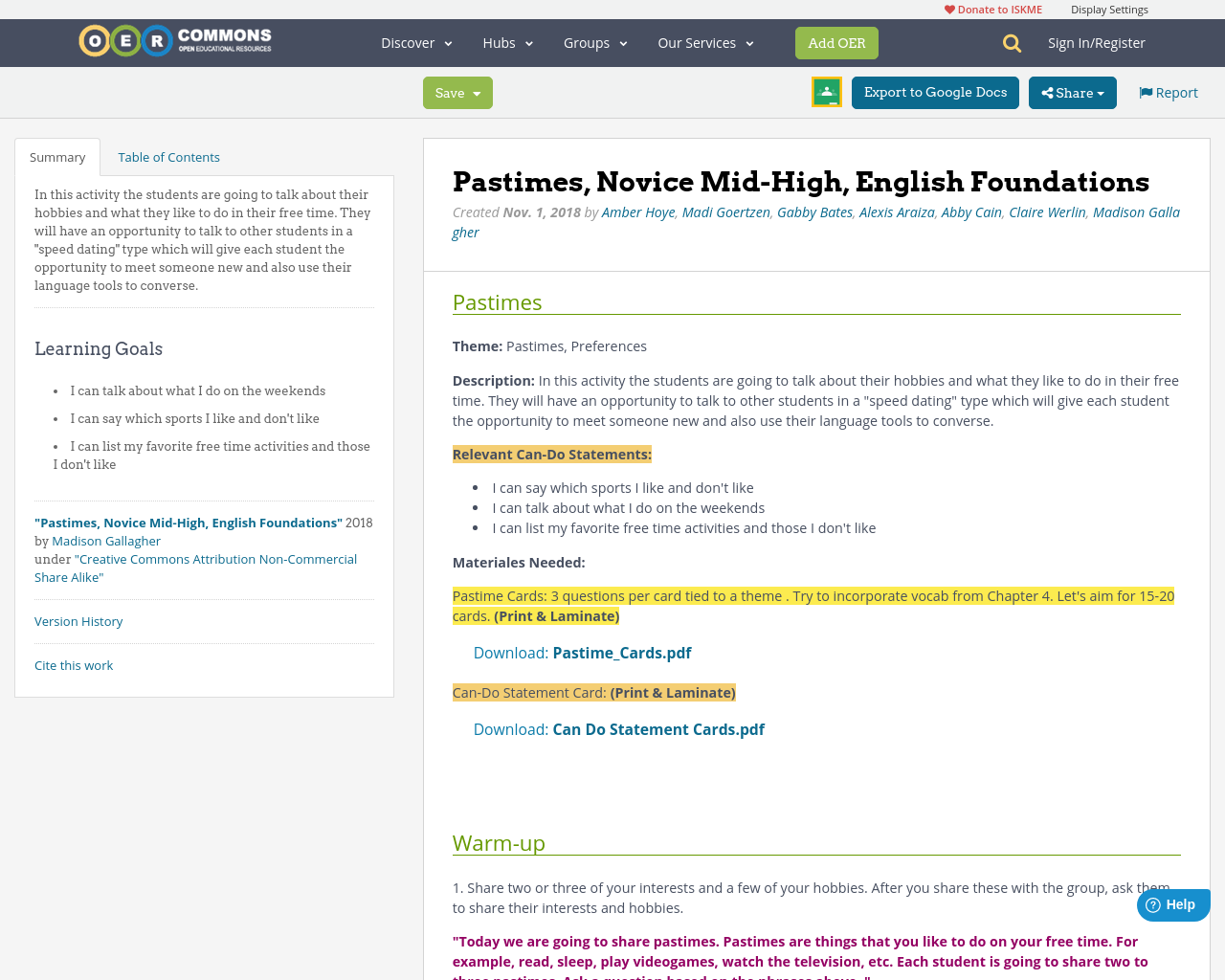 Pastimes, Novice Mid-High, English Foundations | OER Commons