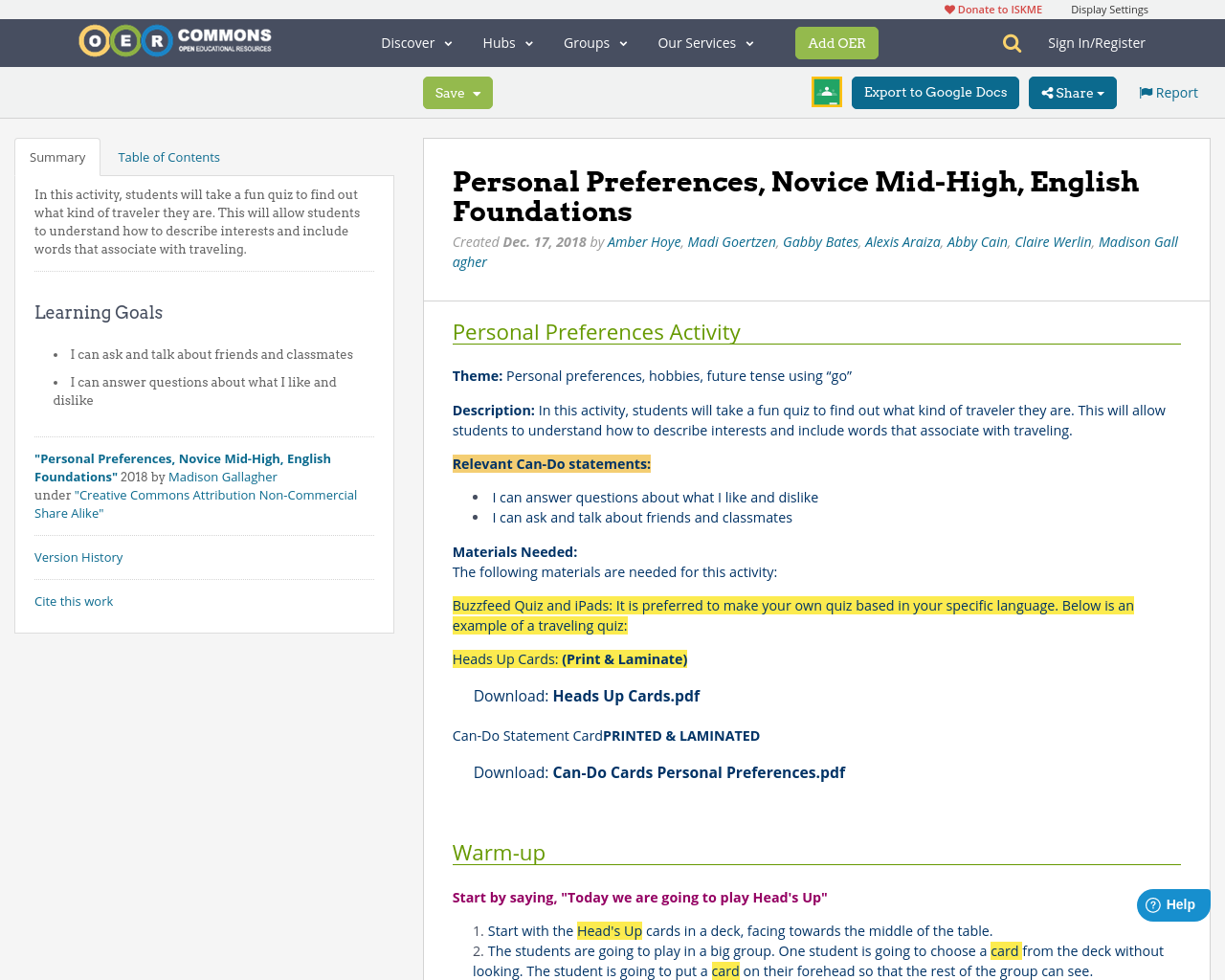 Personal Preferences, Novice Mid-High, English Foundations | OER Commons