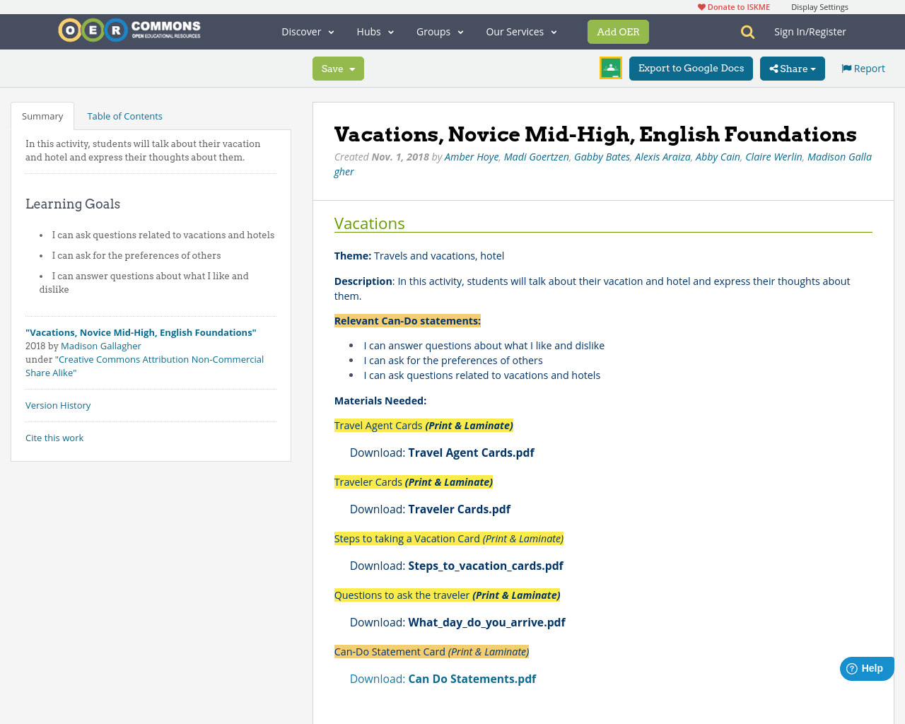 Vacations, Novice Mid-High, English Foundations | OER Commons