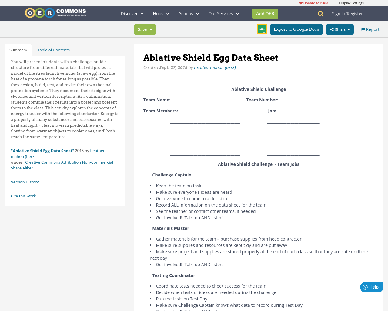 Ablative Shield Egg Data Sheet | OER Commons