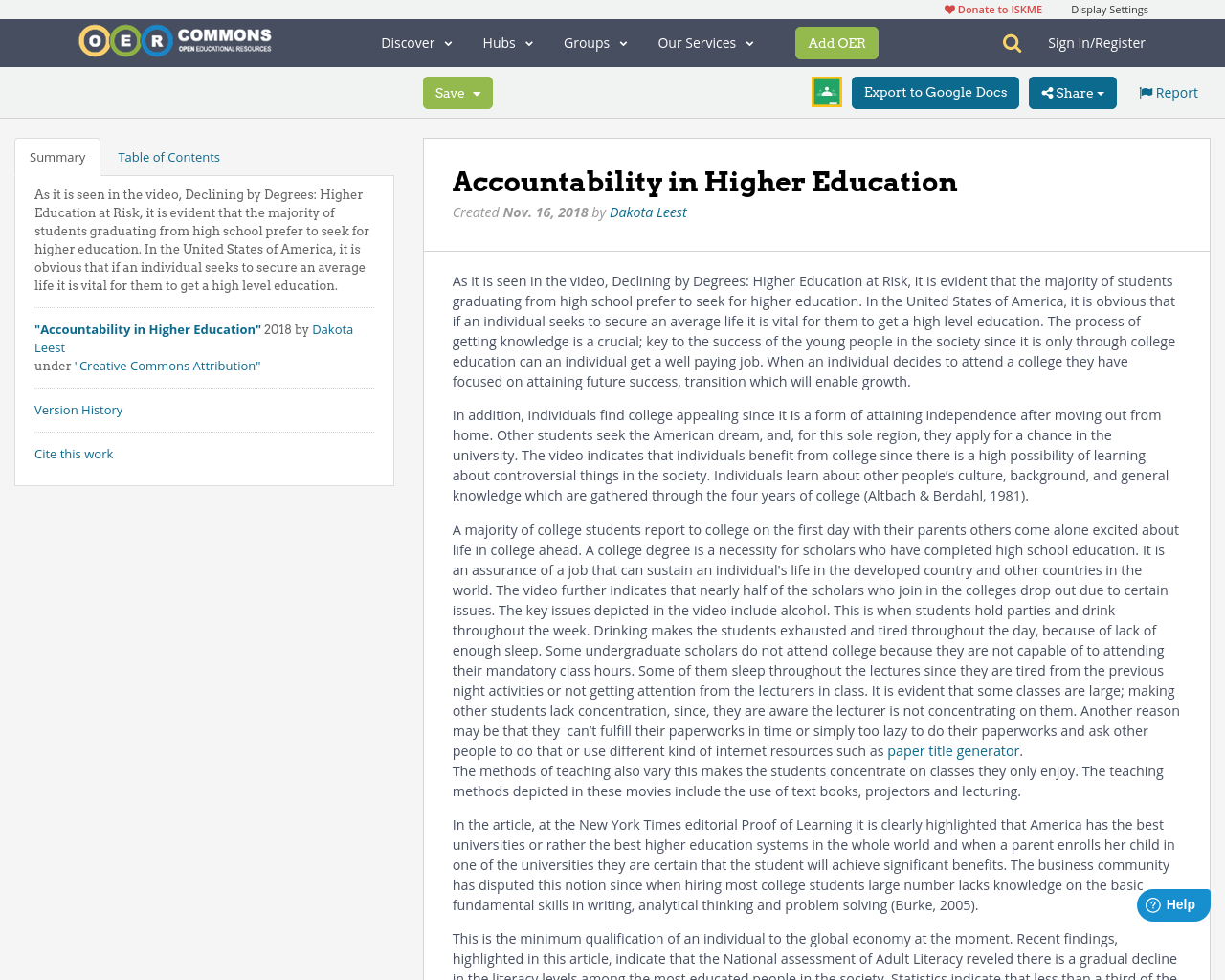 Accountability in Higher Education | OER Commons