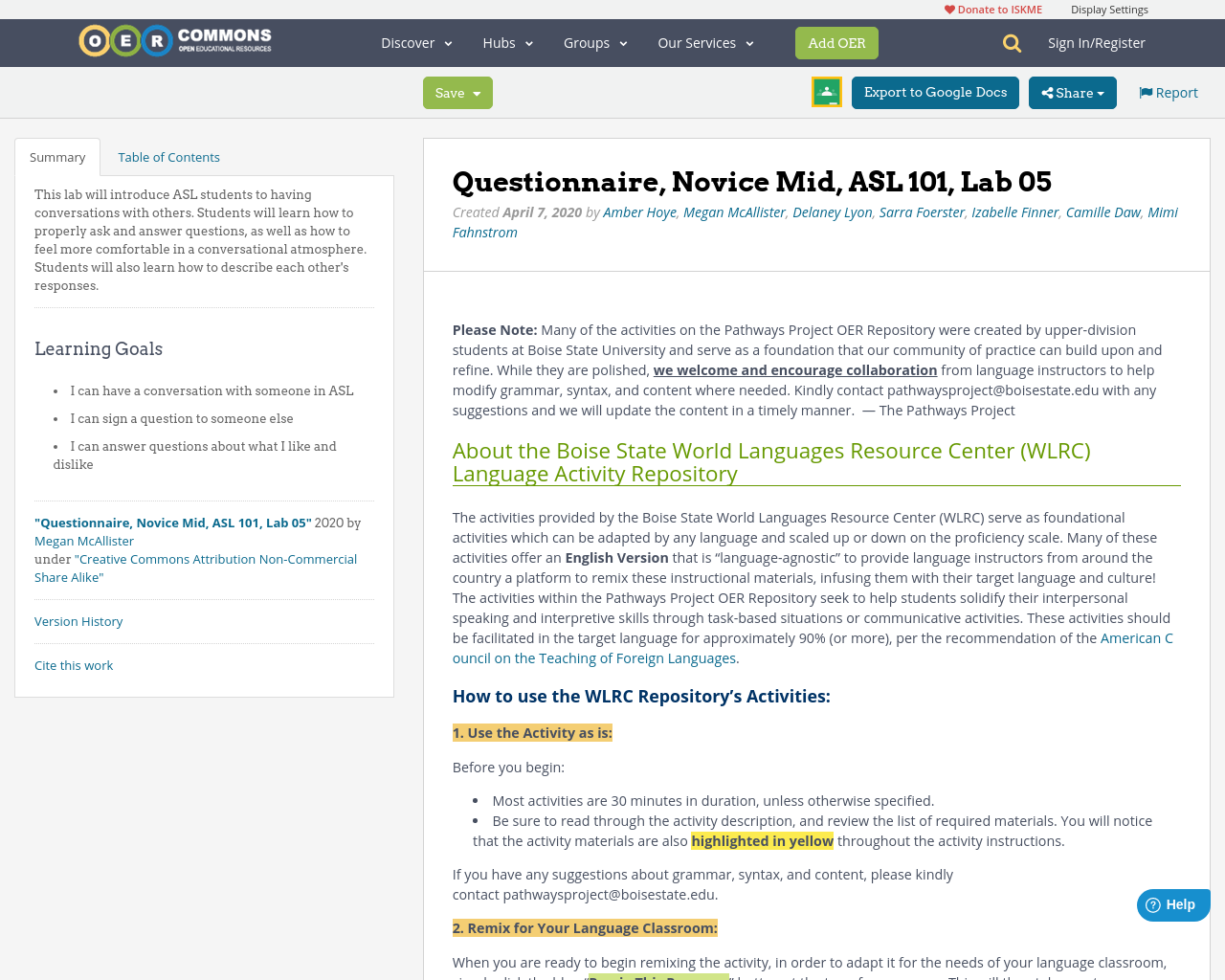 Questionnaire, Novice Mid, ASL 101, Lab 05 | OER Commons