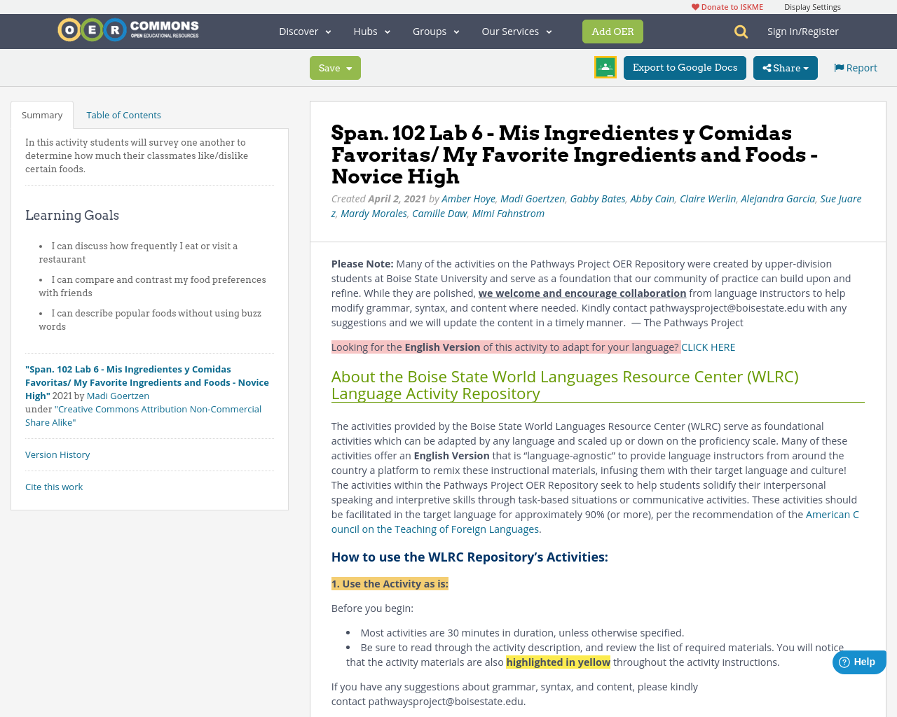 Spanish Level 2, Activity 06: Mis ingredientes y comidas favoritas / My ...