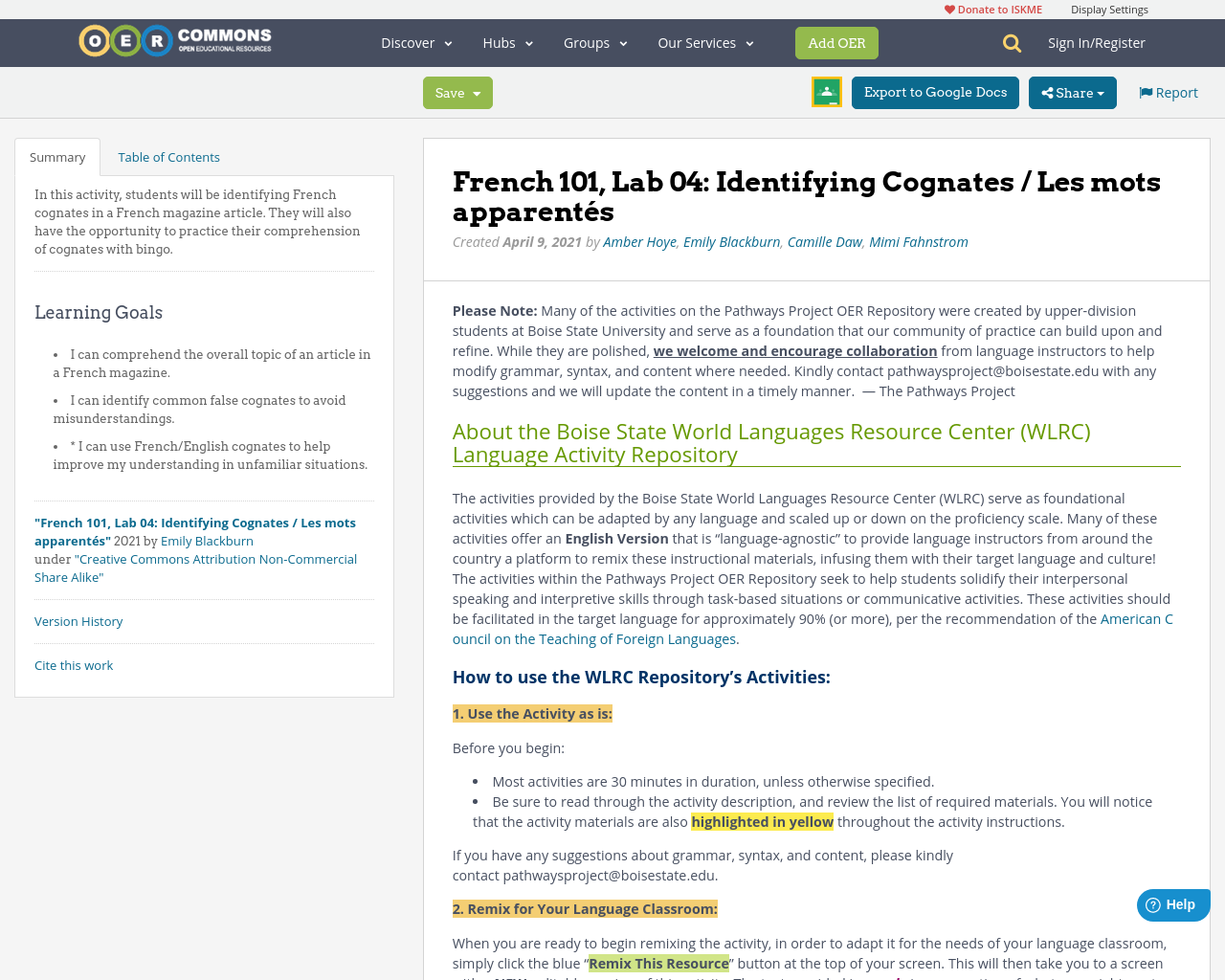 French Level 1, Activity 04: Les mots apparentés / Identifying Cognates ...