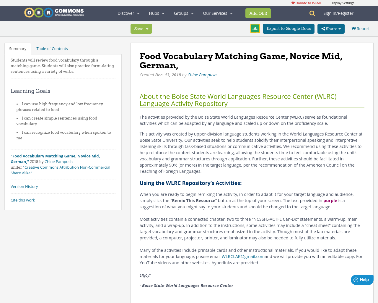 Food Vocabulary Matching Game, Novice Mid, German, | OER Commons