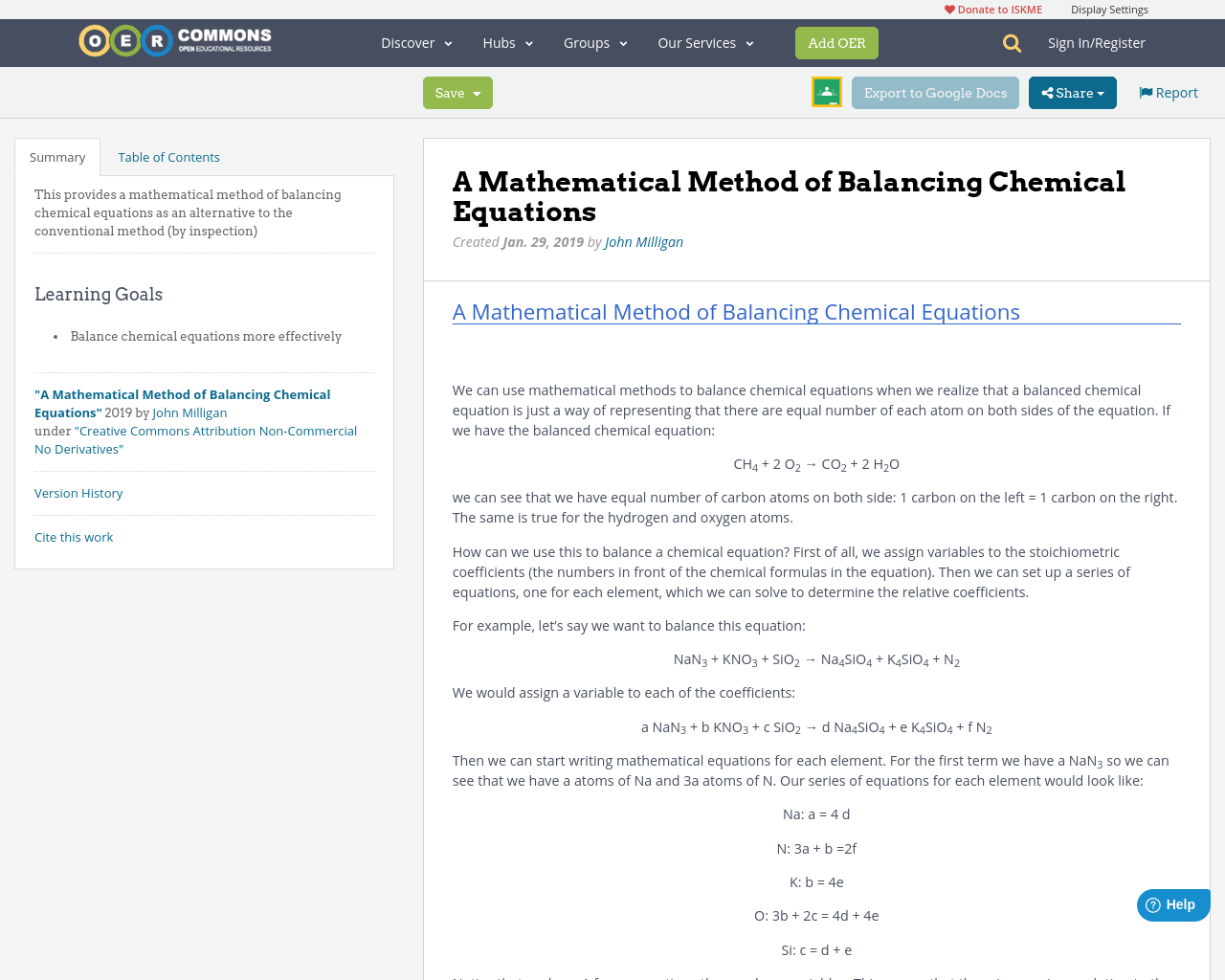 A Mathematical Method of Balancing Chemical Equations | OER Commons