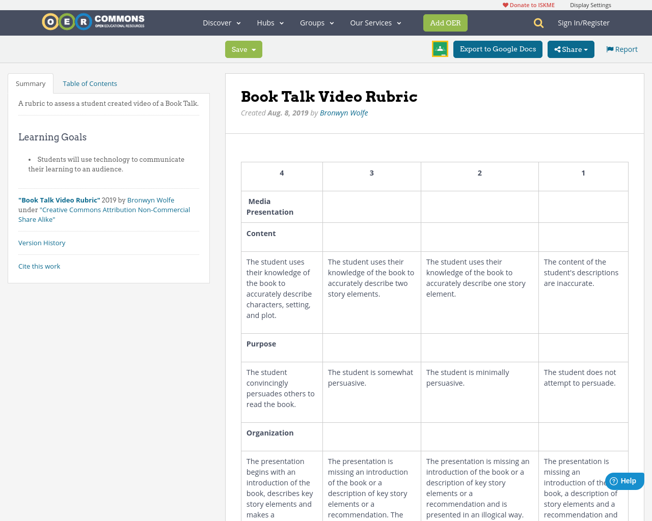Book Talk Video Rubric | OER Commons