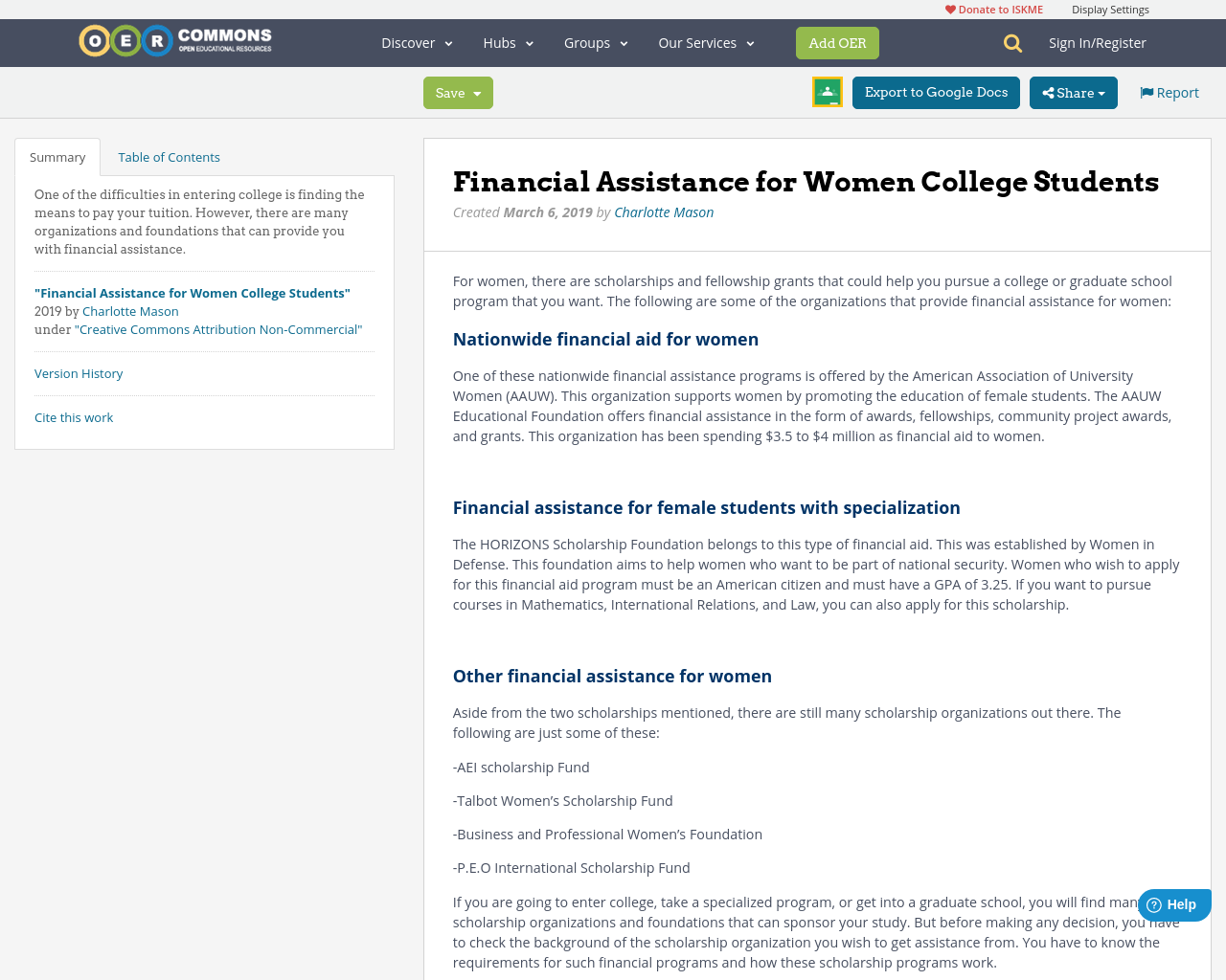 Financial Assistance for Women College Students | OER Commons