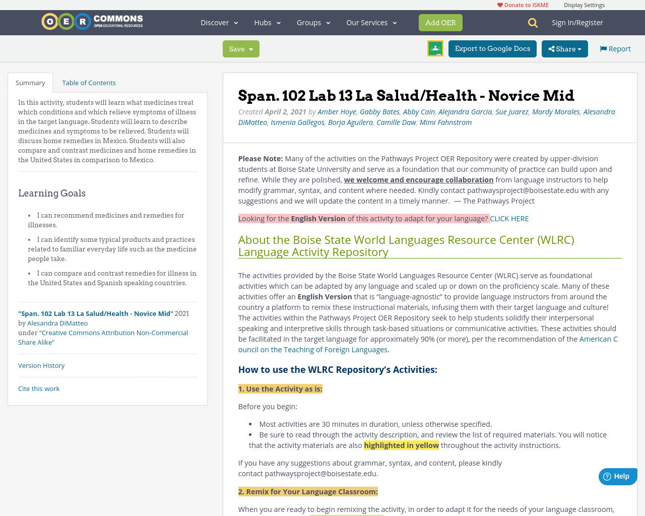 Spanish Level 2, Activity 13: La Salud / Health (Face to Face) | OER ...