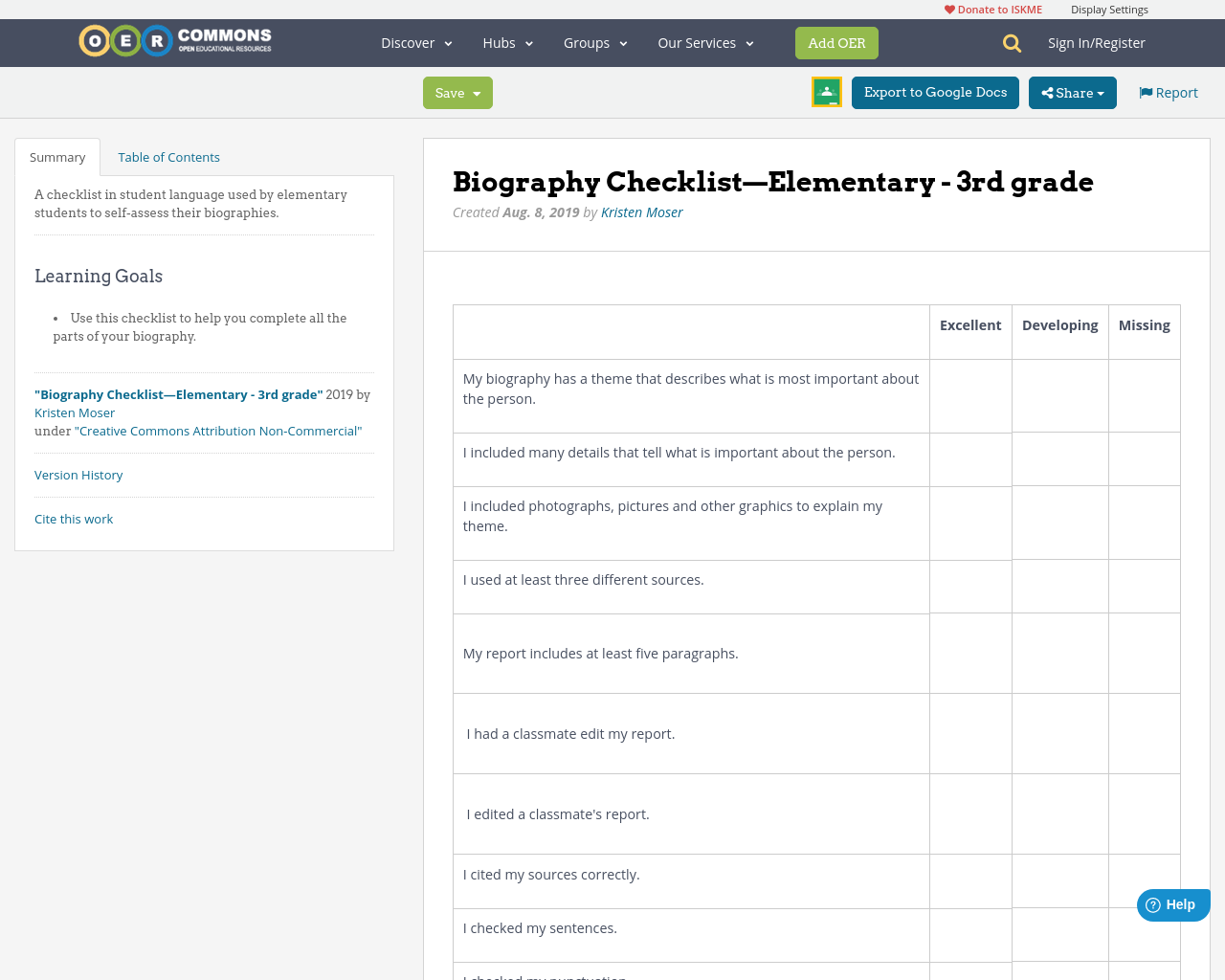 Biography Checklist—Elementary - 3rd grade | OER Commons