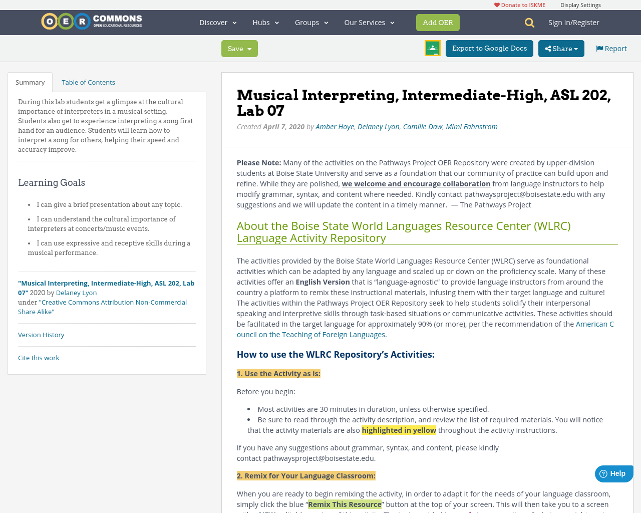 Musical Interpreting, Intermediate-High, ASL 202, Lab 07 | OER Commons