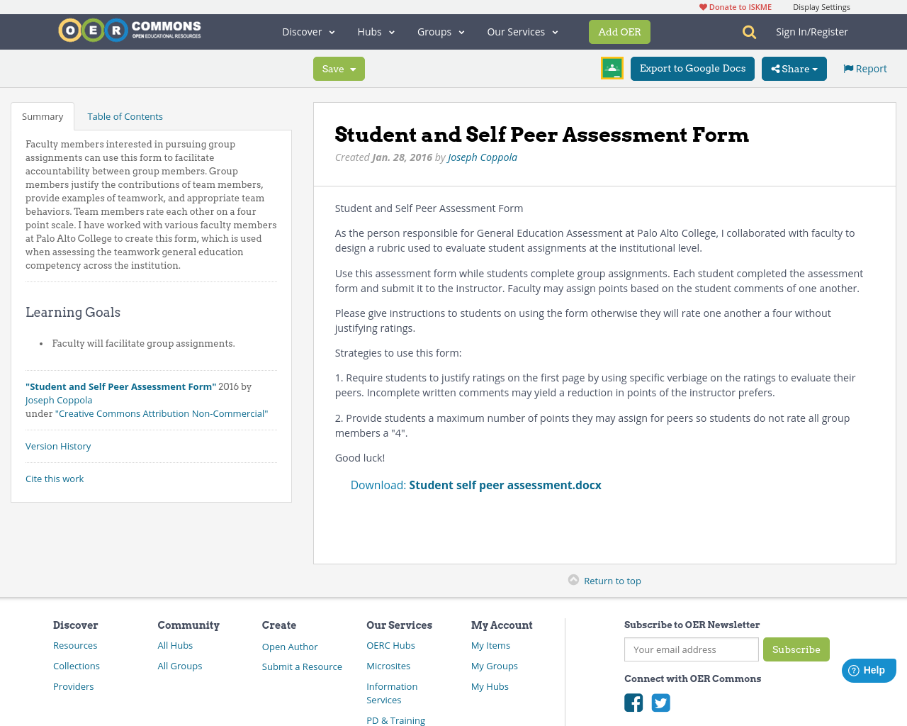 Student and Self Peer Assessment Form | OER Commons