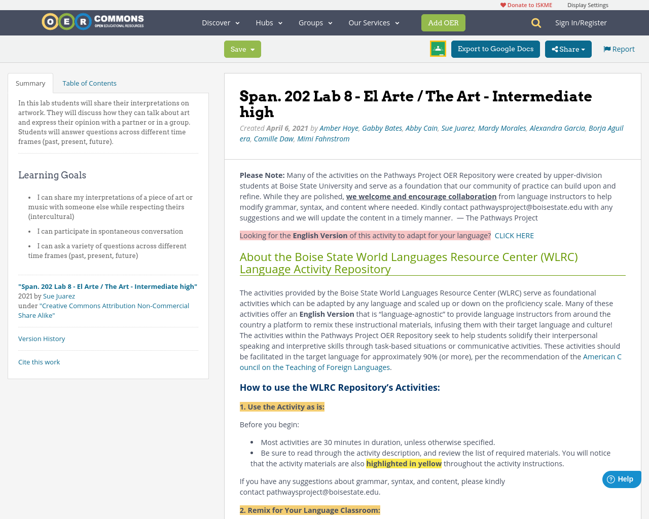 Spanish Level 4, Activity 08: El arte / Art (Face-To-Face) | OER Commons