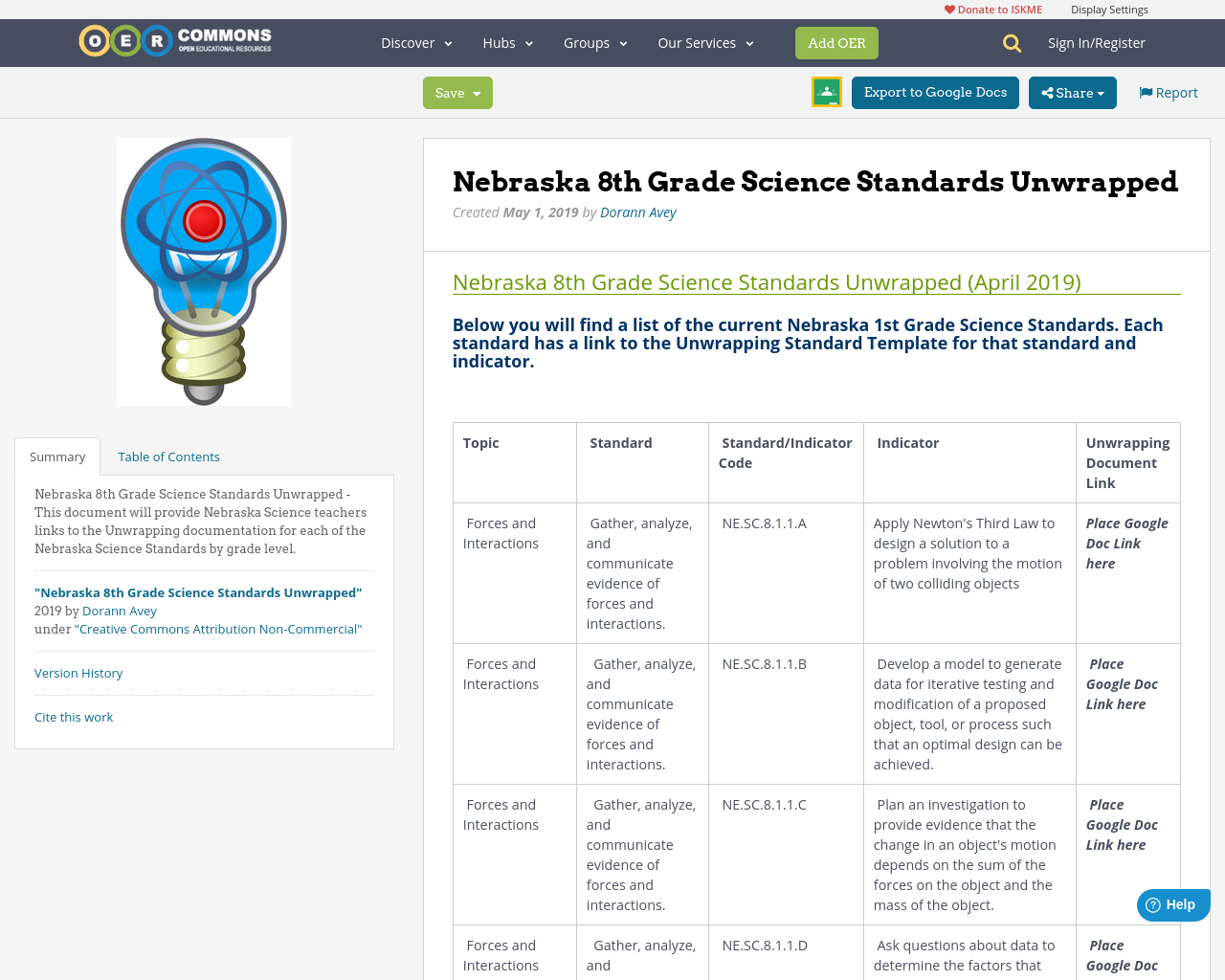 Nebraska 8th Grade Science Standards Unwrapped OER Commons