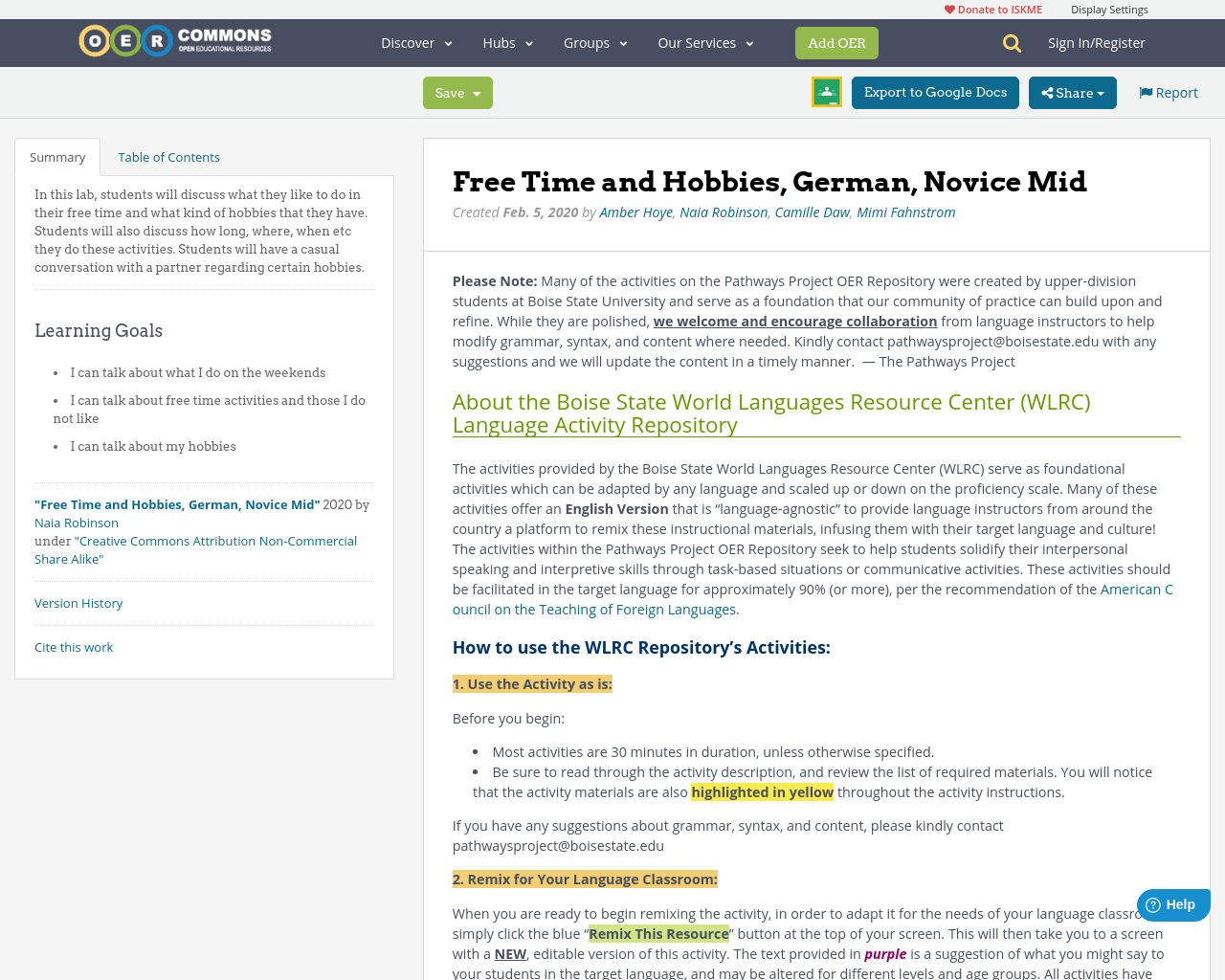 German Level 1, Activity 10: Hobbys / Hobbies (Face to Face) | OER Commons