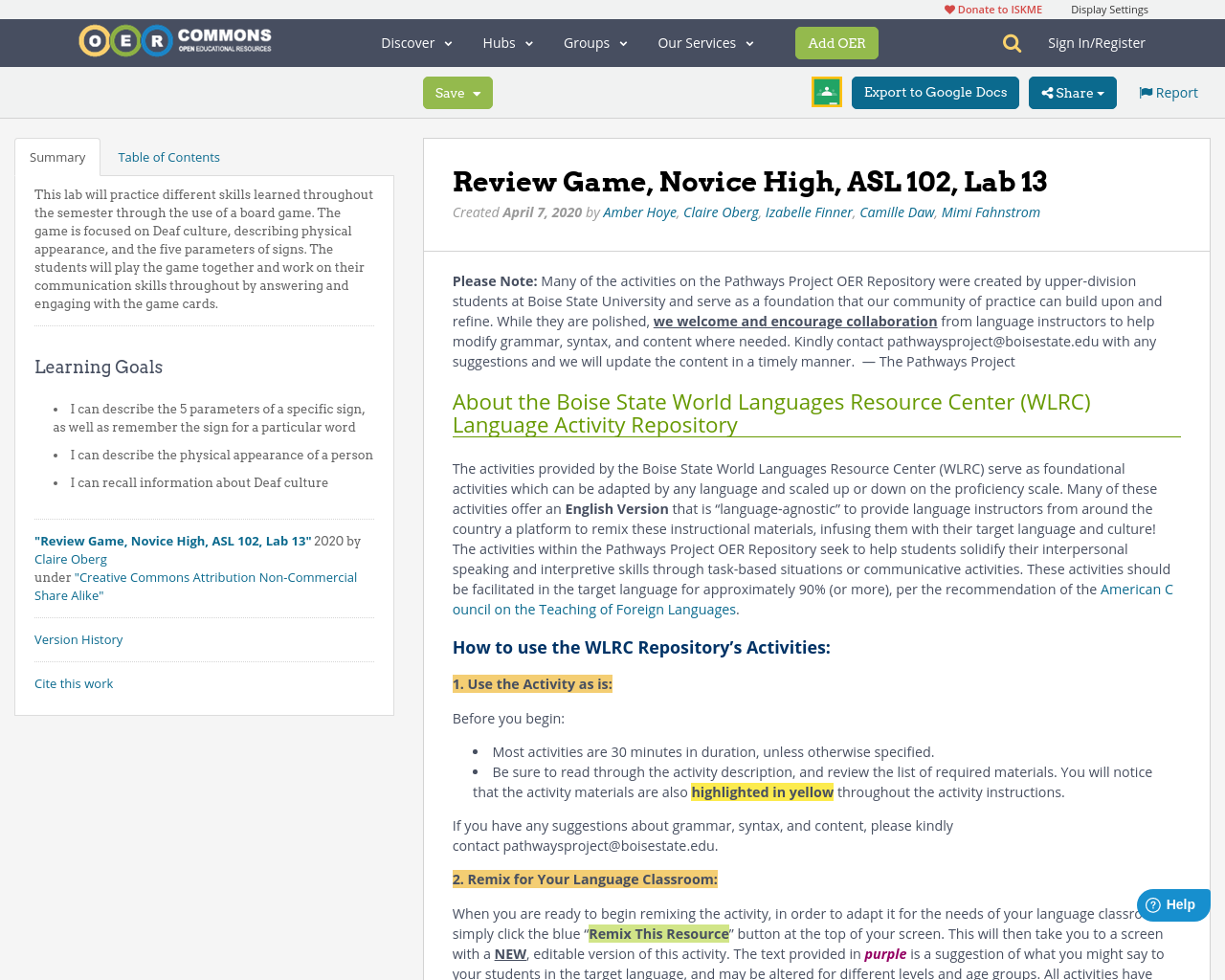 Review Game, Novice High, ASL 102, Lab 13 | OER Commons