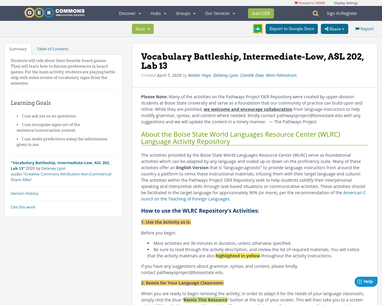 Vocabulary Battleship, Intermediate-Low, ASL 202, Lab 13 | OER Commons