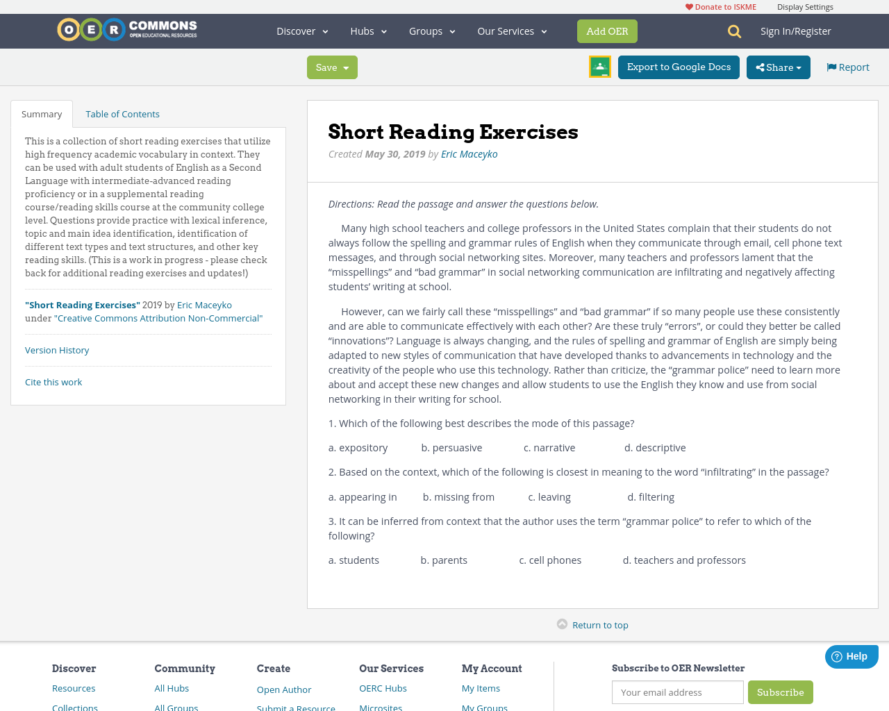 Short Reading Exercises | OER Commons