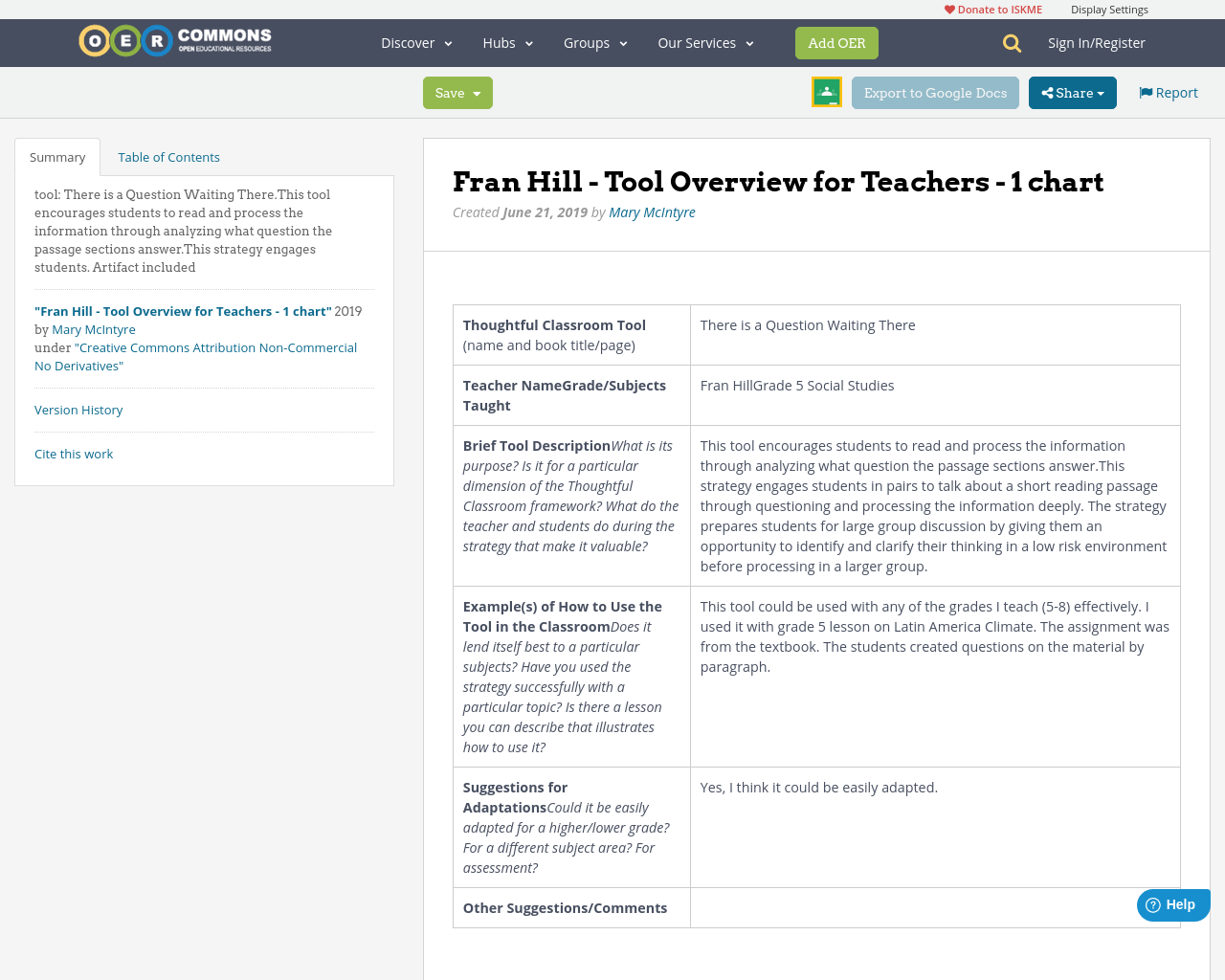 Fran Hill - Tool Overview for Teachers - 1 chart | OER Commons