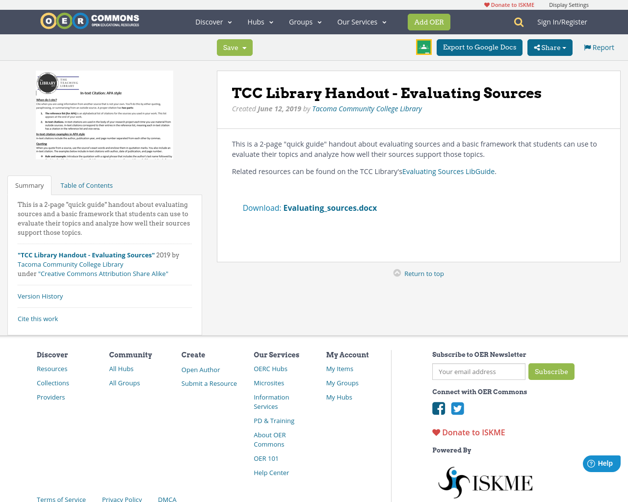 Tcc Library Handout Evaluating Sources Oer Commons