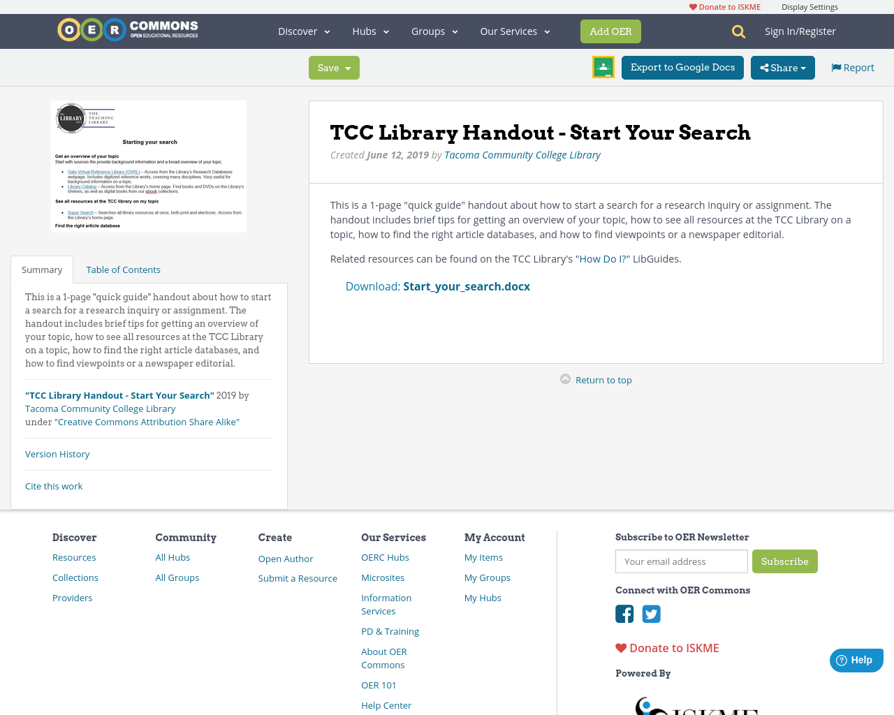 TCC Library Handout - Start Your Search | OER Commons