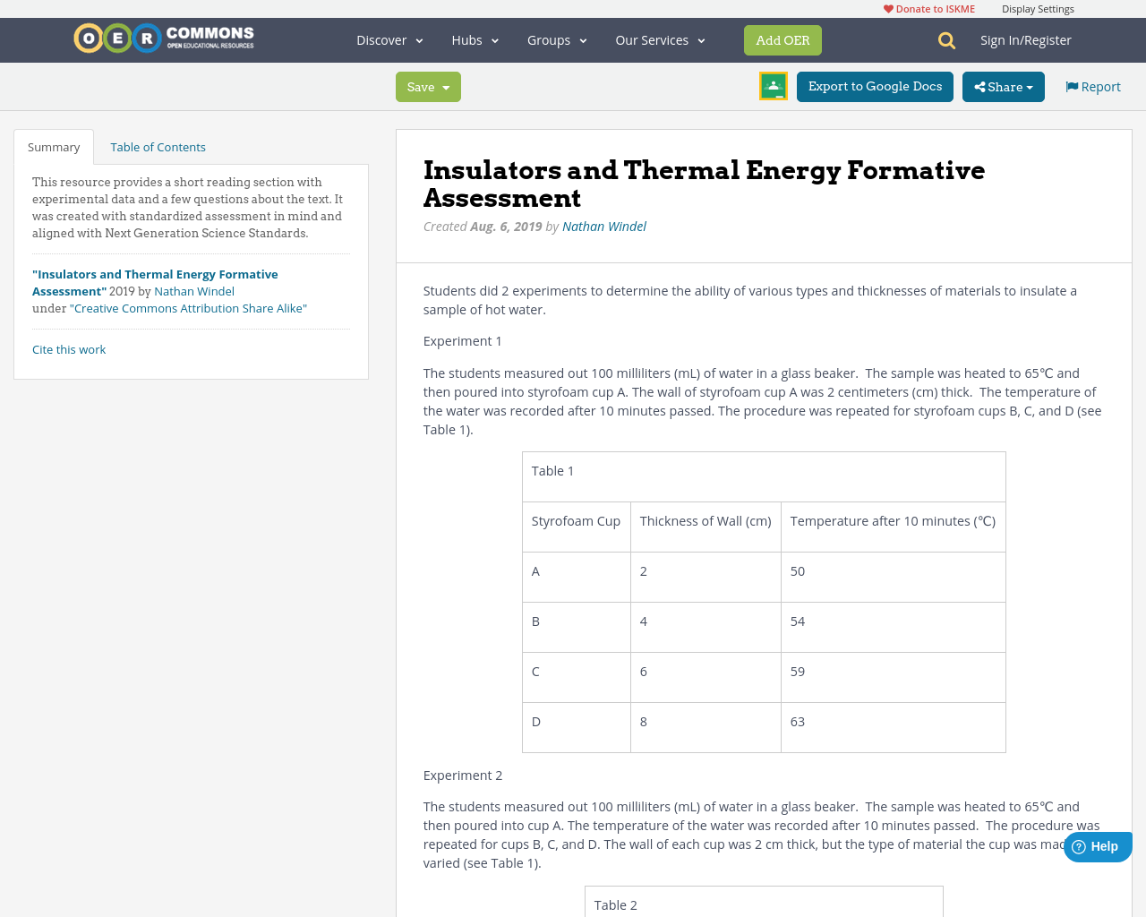 Insulators and Thermal Energy Formative Assessment | OER Commons