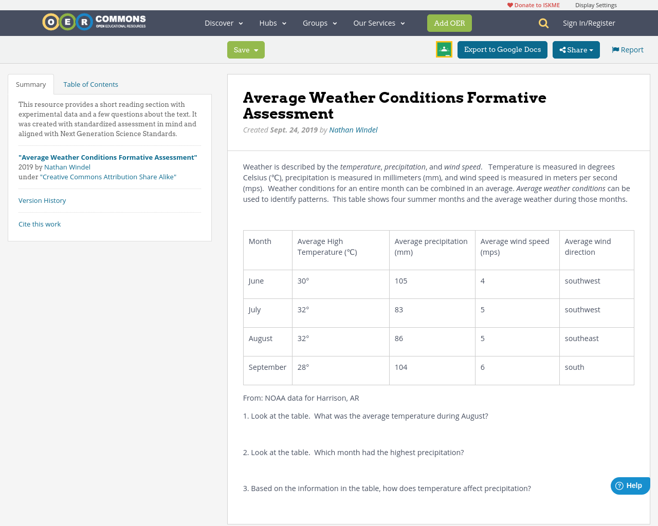 Average Weather Conditions Formative Assessment | OER Commons