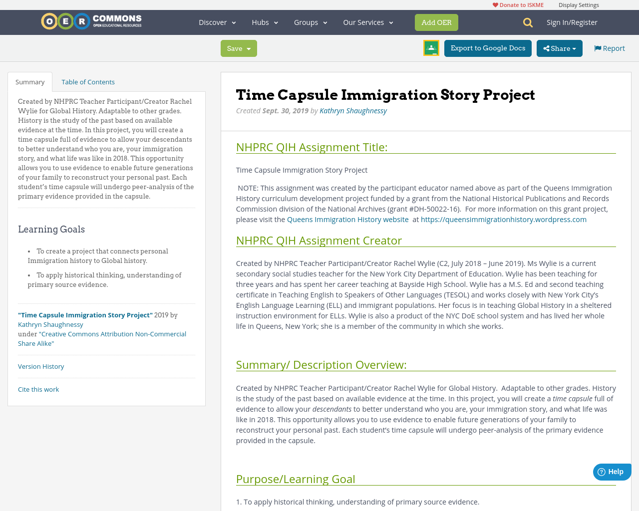 Time Capsule Immigration Story Project | OER Commons