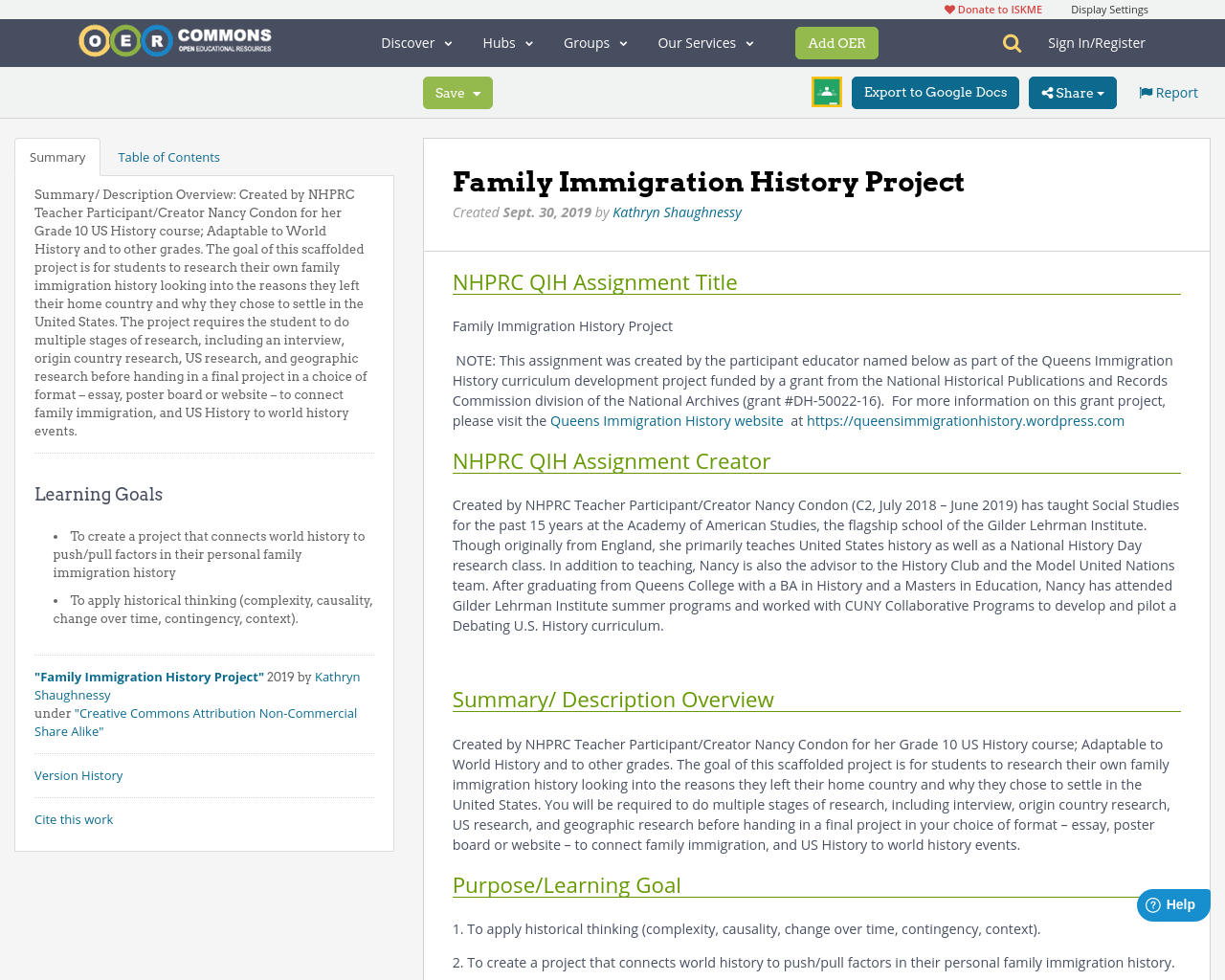 Family Immigration History Project | OER Commons