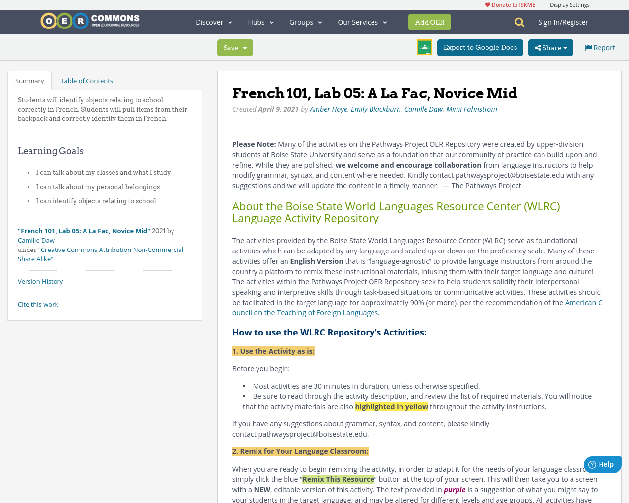 French 101, Lab 05: A La Fac, Novice Mid | OER Commons