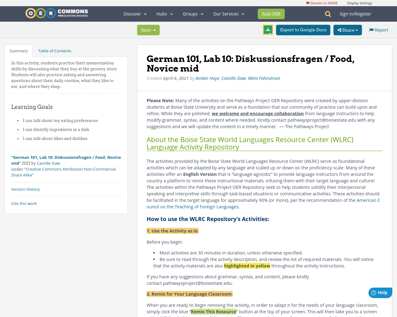 German 101, Lab 10: Diskussionsfragen / Food, Novice mid | OER Commons