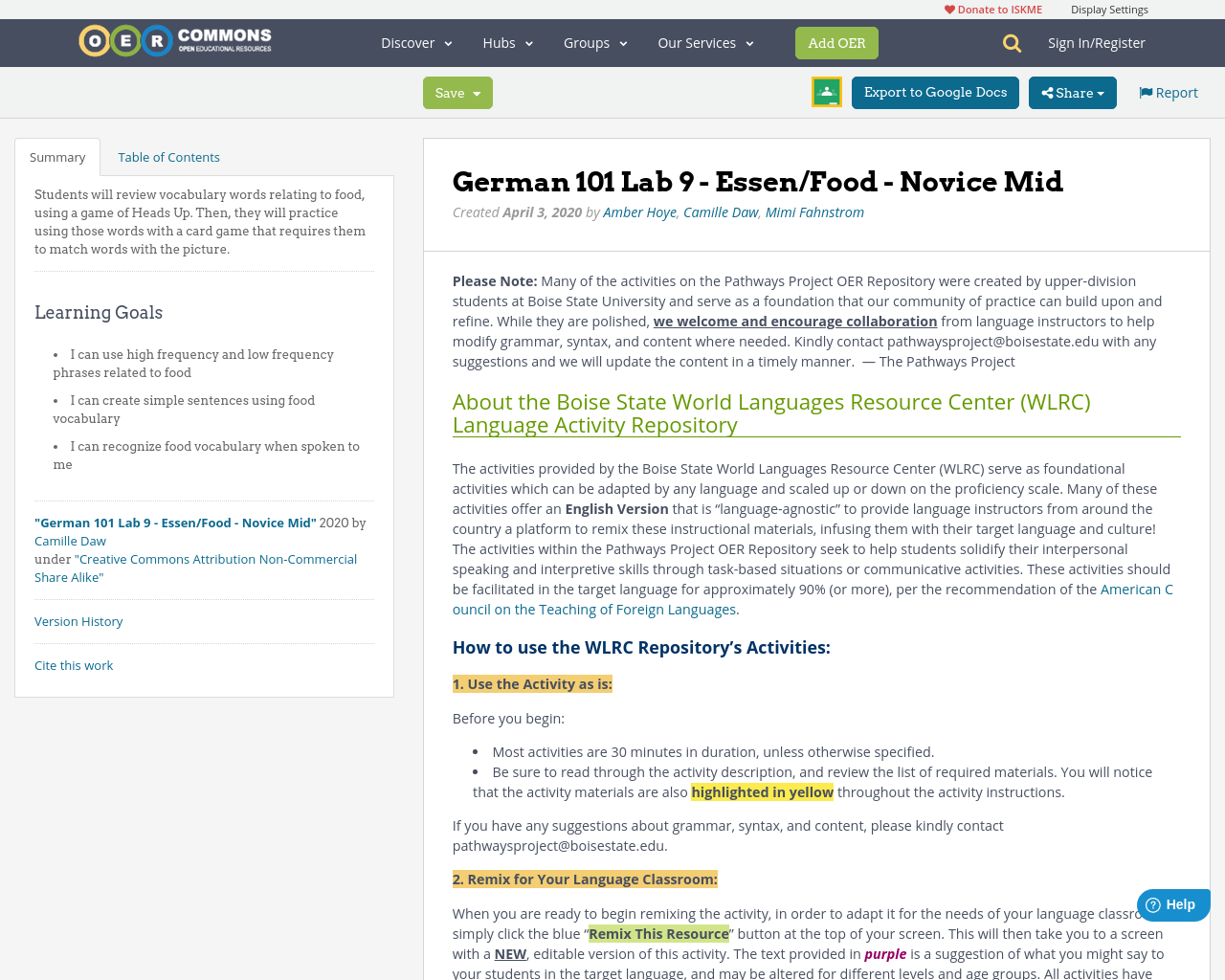 German 101 Lab 9 - Essen/Food - Novice Mid | OER Commons