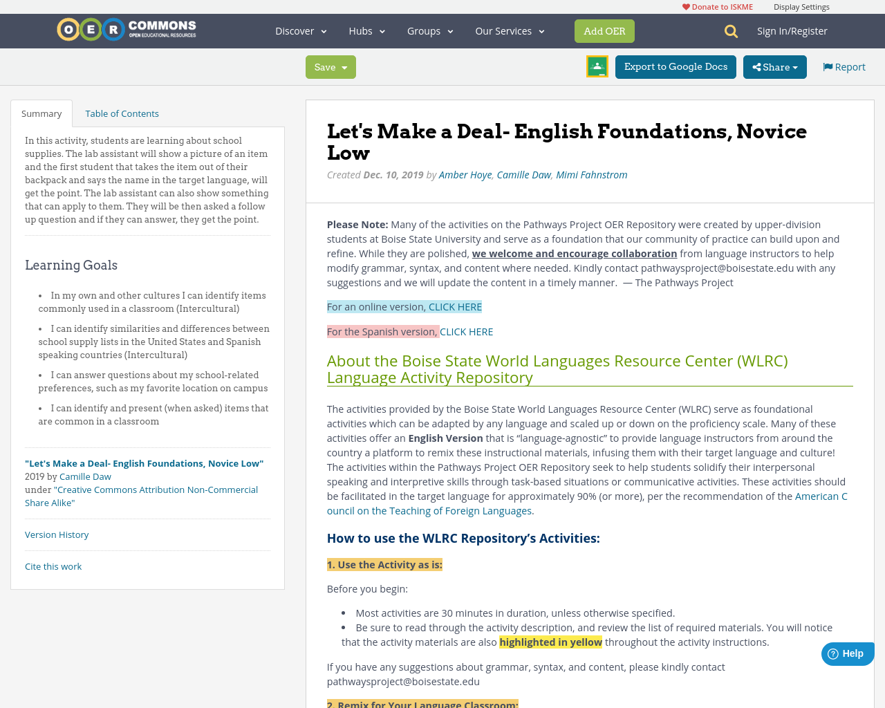 Let's Make a Deal- English Foundations, Novice Low | OER Commons