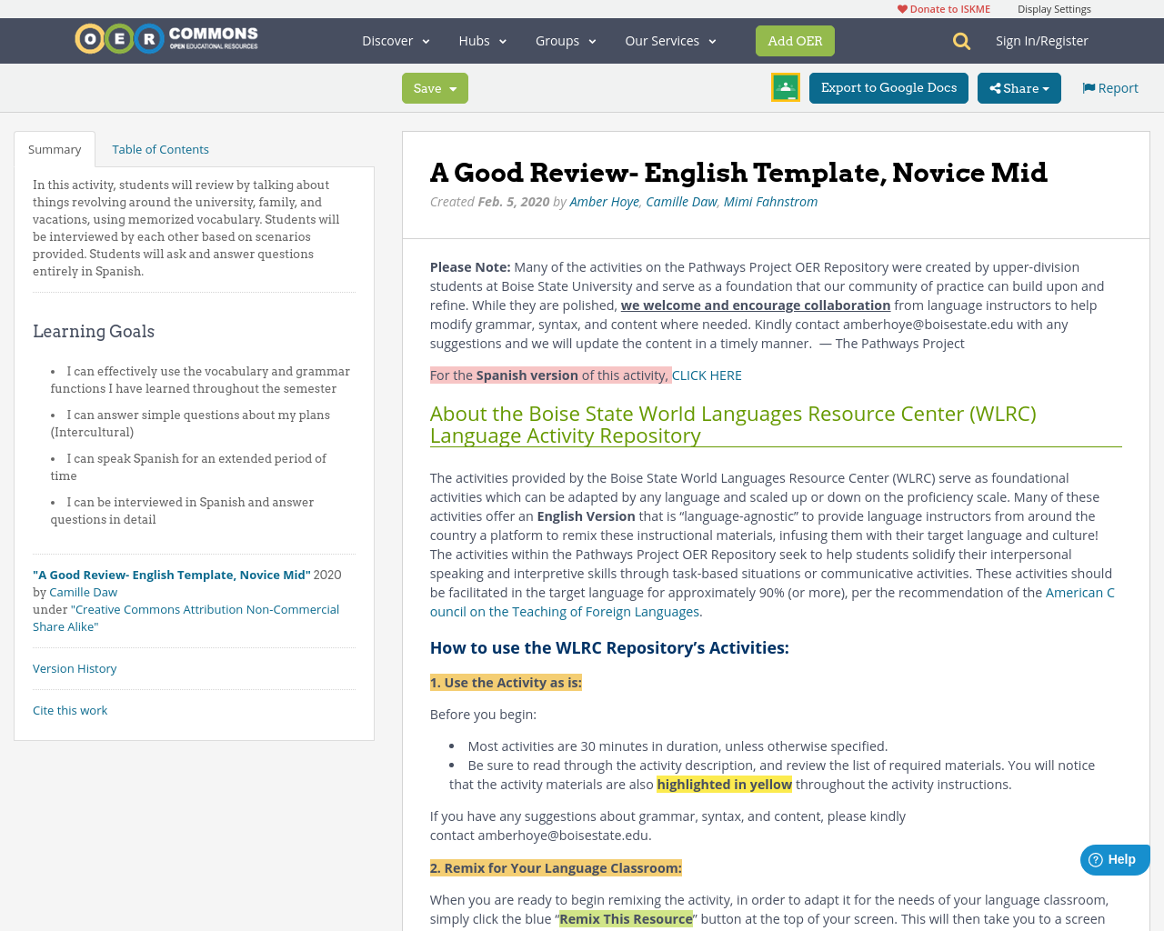 A Good Review- English Template, Novice Mid | OER Commons