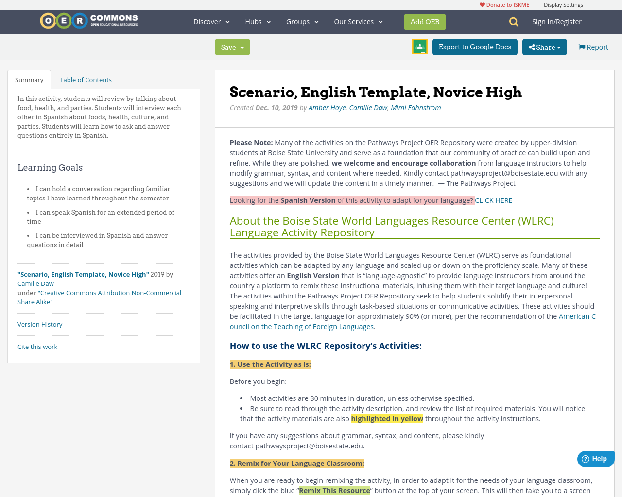 Scenario, English Template, Novice High | OER Commons