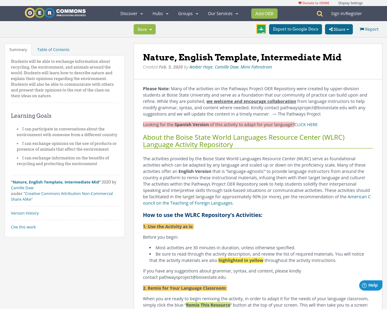 Nature, English Template, Intermediate Mid | OER Commons