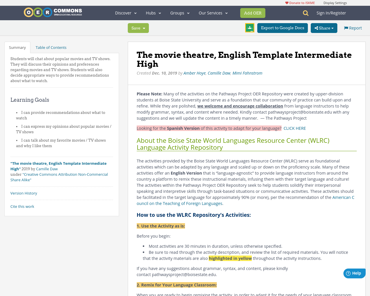 The movie theatre, English Template Intermediate High | OER Commons
