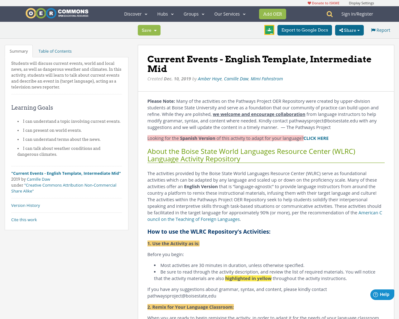 Current Events - English Template, Intermediate Mid | OER Commons