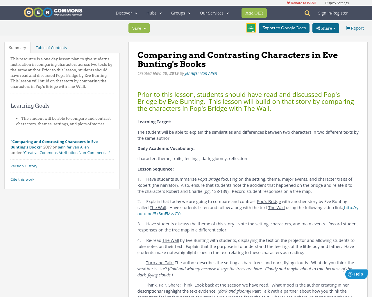 Comparing and Contrasting Characters in Eve Bunting's Books | OER Commons