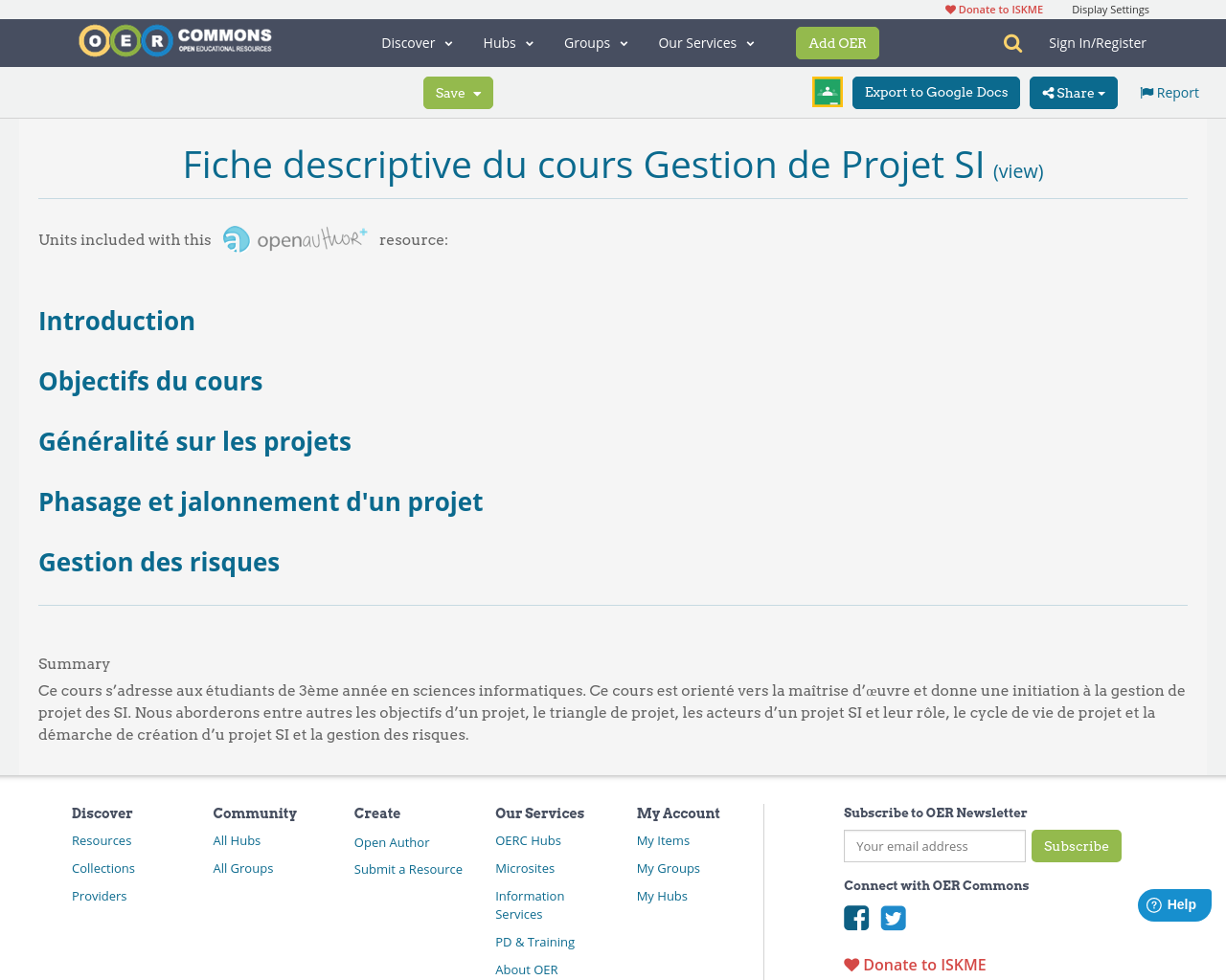 Fiche descriptive du cours Gestion de Projet SI | OER Commons