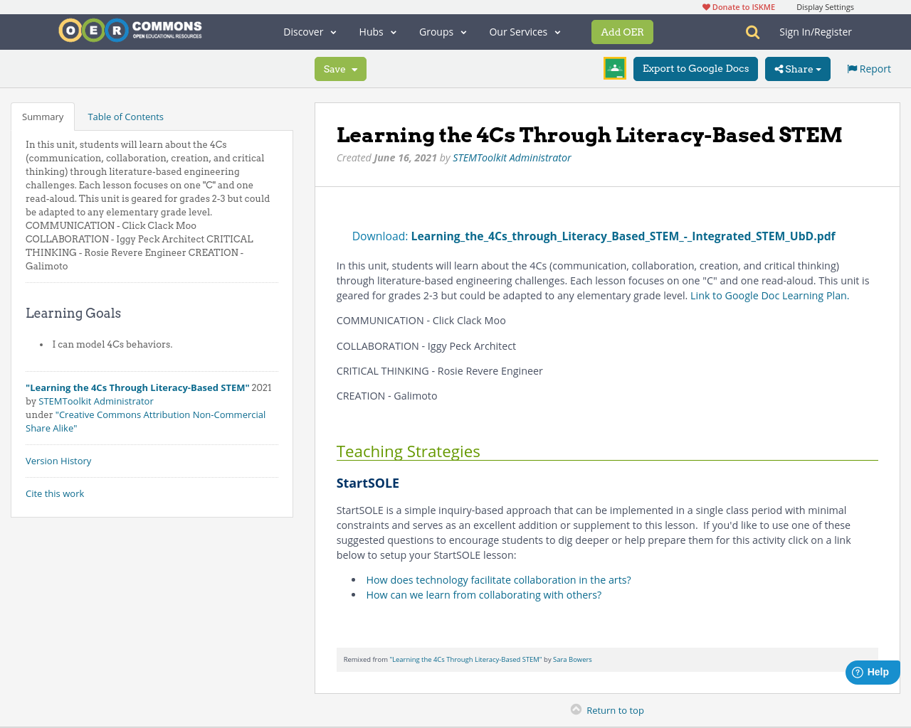 Learning the 4Cs Through Literacy-Based STEM | OER Commons