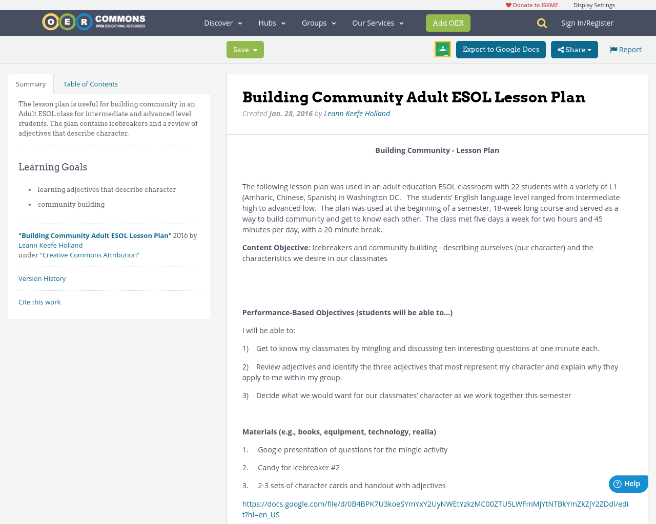Building Community Adult ESOL Lesson Plan | OER Commons