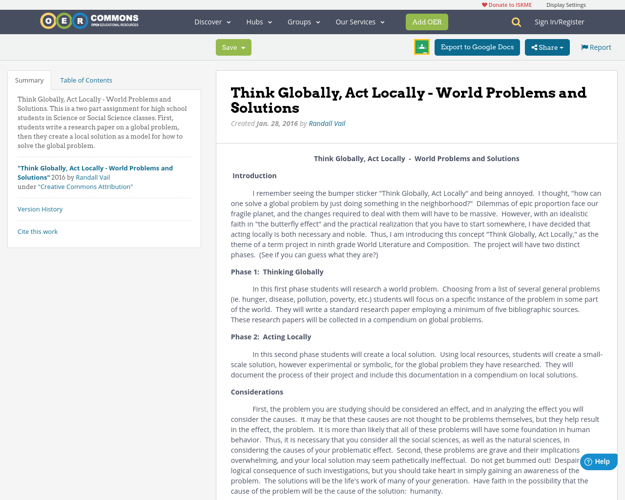 Think Globally, Act Locally - World Problems and Solutions | OER Commons